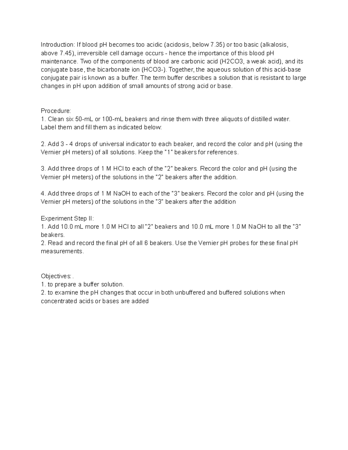 Pre lab 6 Buffers - Introduction: If blood pH becomes too acidic ...