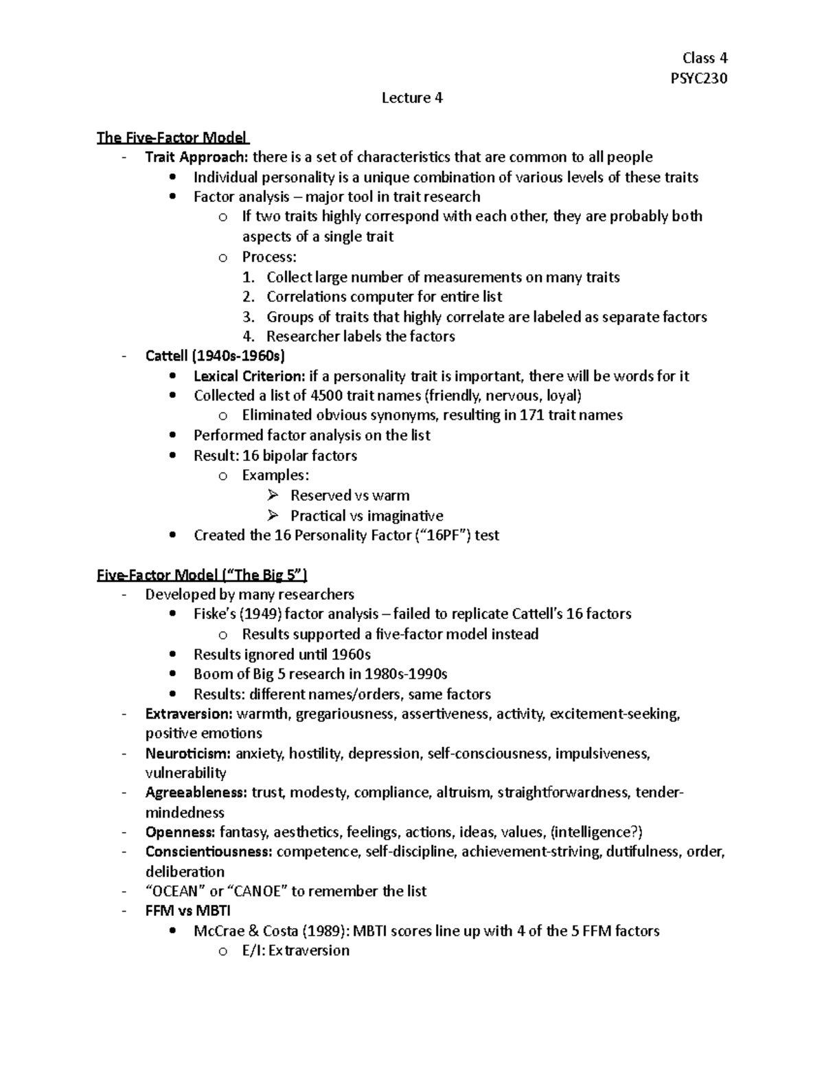 Lecture 4 Class Notes Class 4 Psyc Lecture 4 The Five Factor Model Trait Approach There