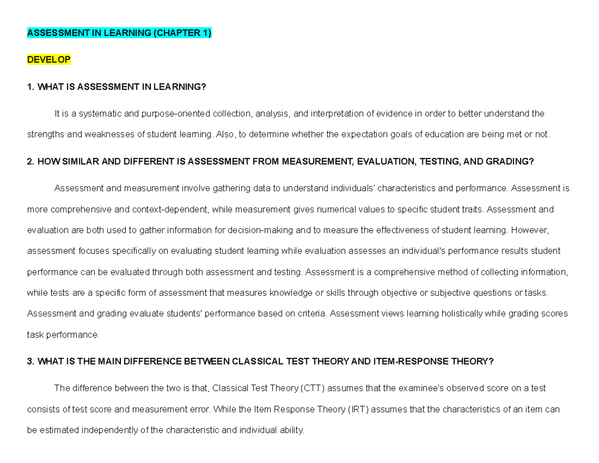 Assessment IN Learning - ASSESSMENT IN LEARNING (CHAPTER 1) DEVELOP 1 ...