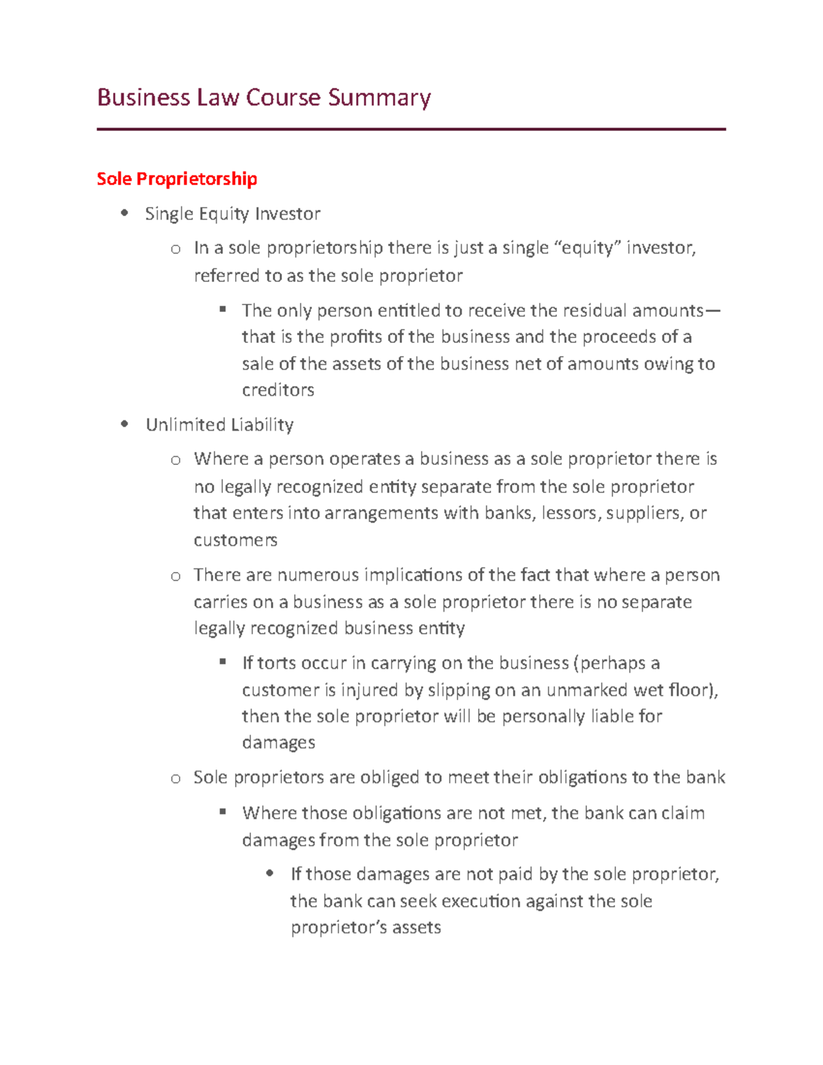 Business Law Course Summary - He will be the only worker in the ...