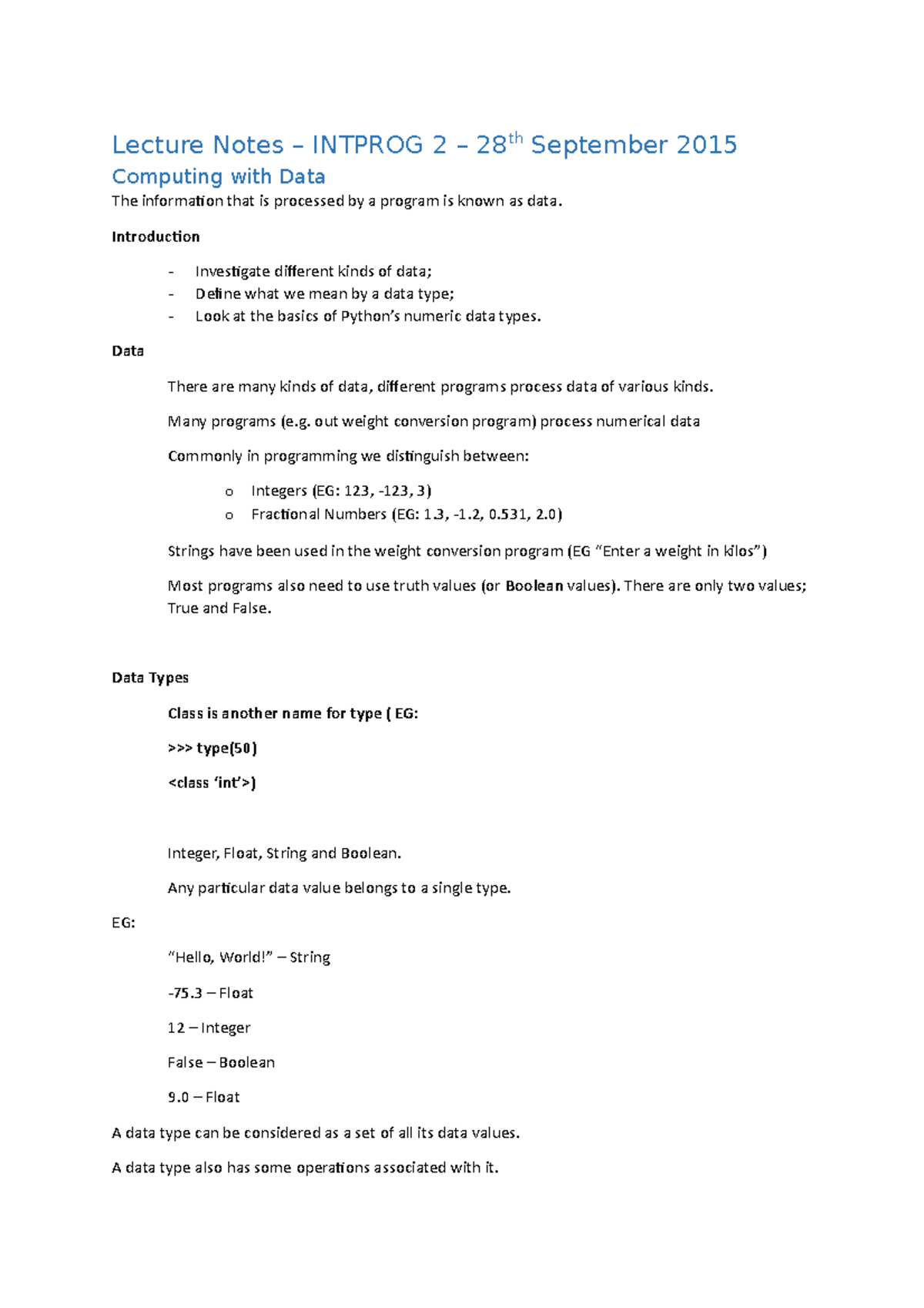Computing with Data - Lecture Notes – INTPROG 2 – 28th September 2015 ...