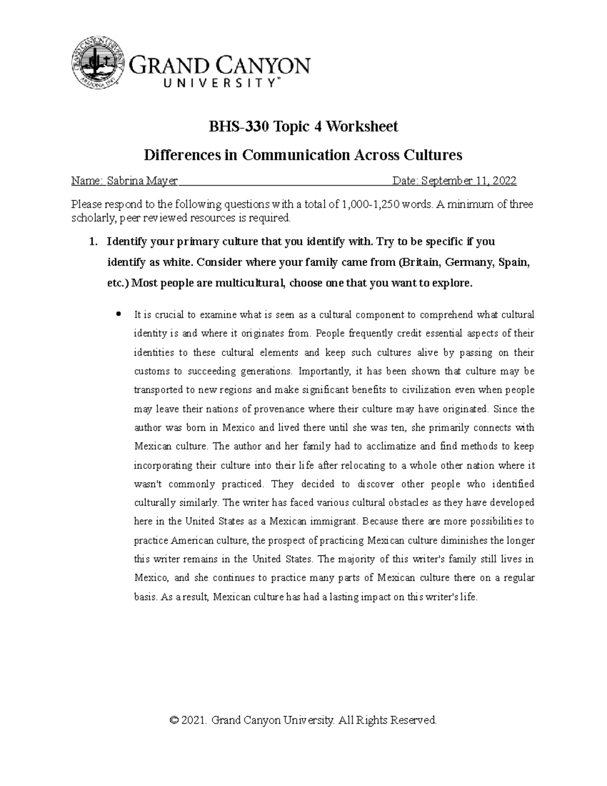 BHS 330 RS T4 Differences In Communication Across Cultures Worksheet ...