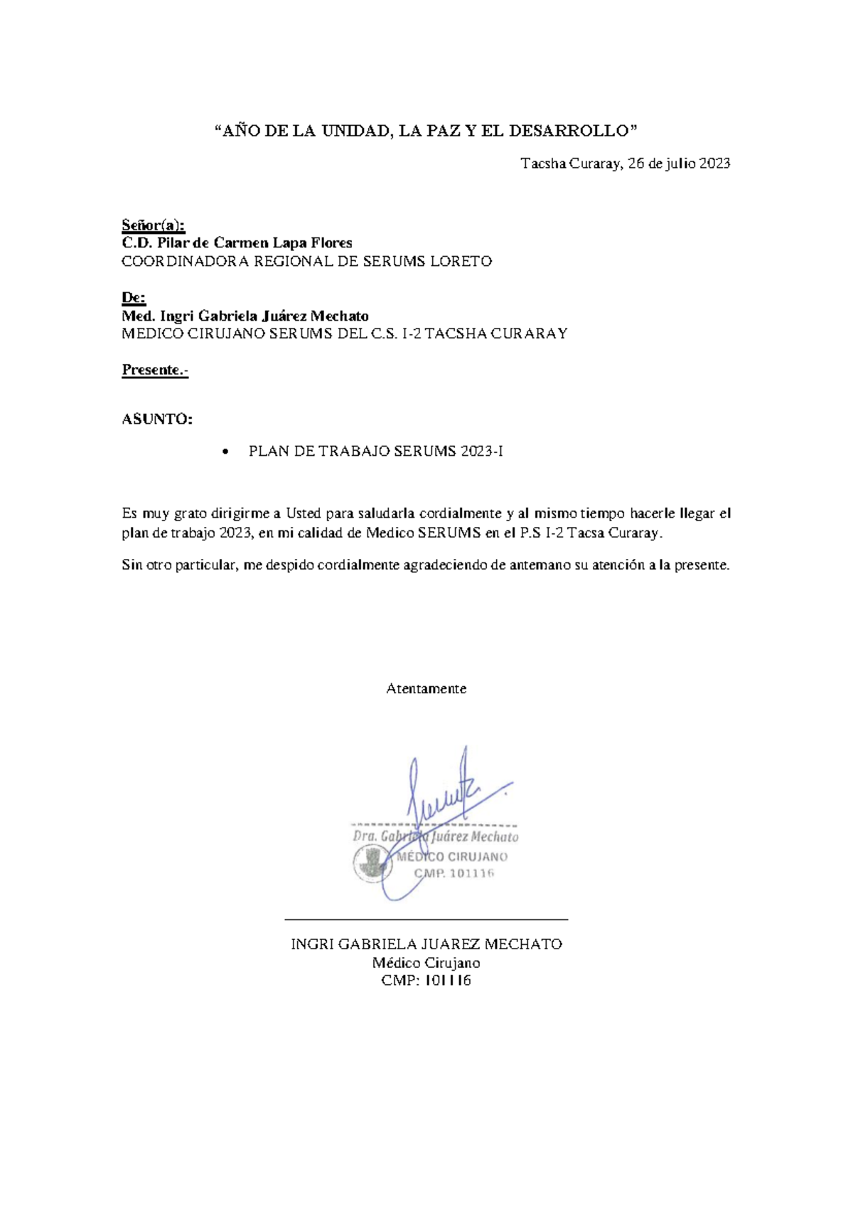 PLAN DE Trabajo - Gabriela Juarez - “AÑO DE LA UNIDAD, LA PAZ Y EL ...