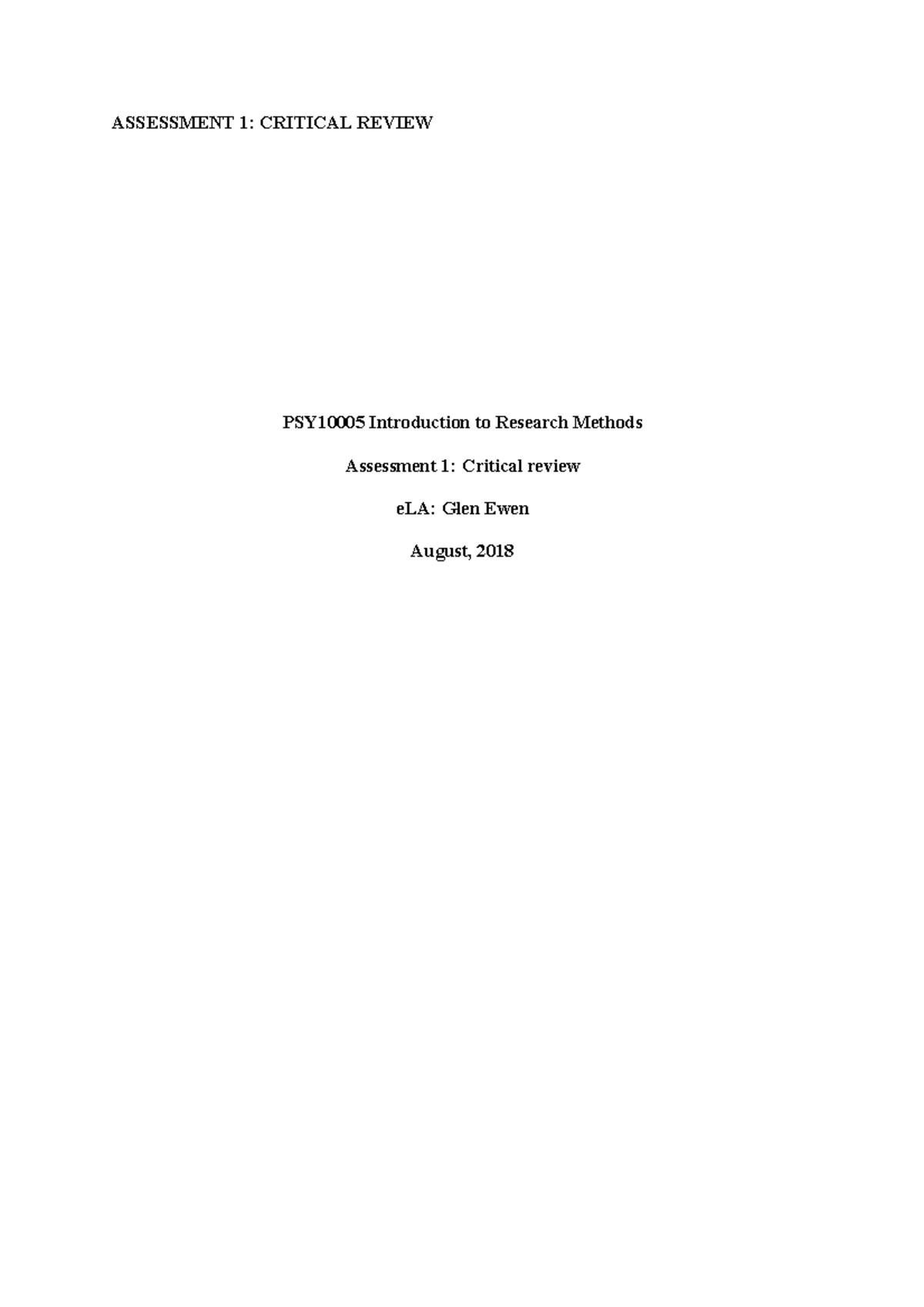 A1 - Critical review - ASSESSMENT 1: CRITICAL REVIEW PSY10005 ...
