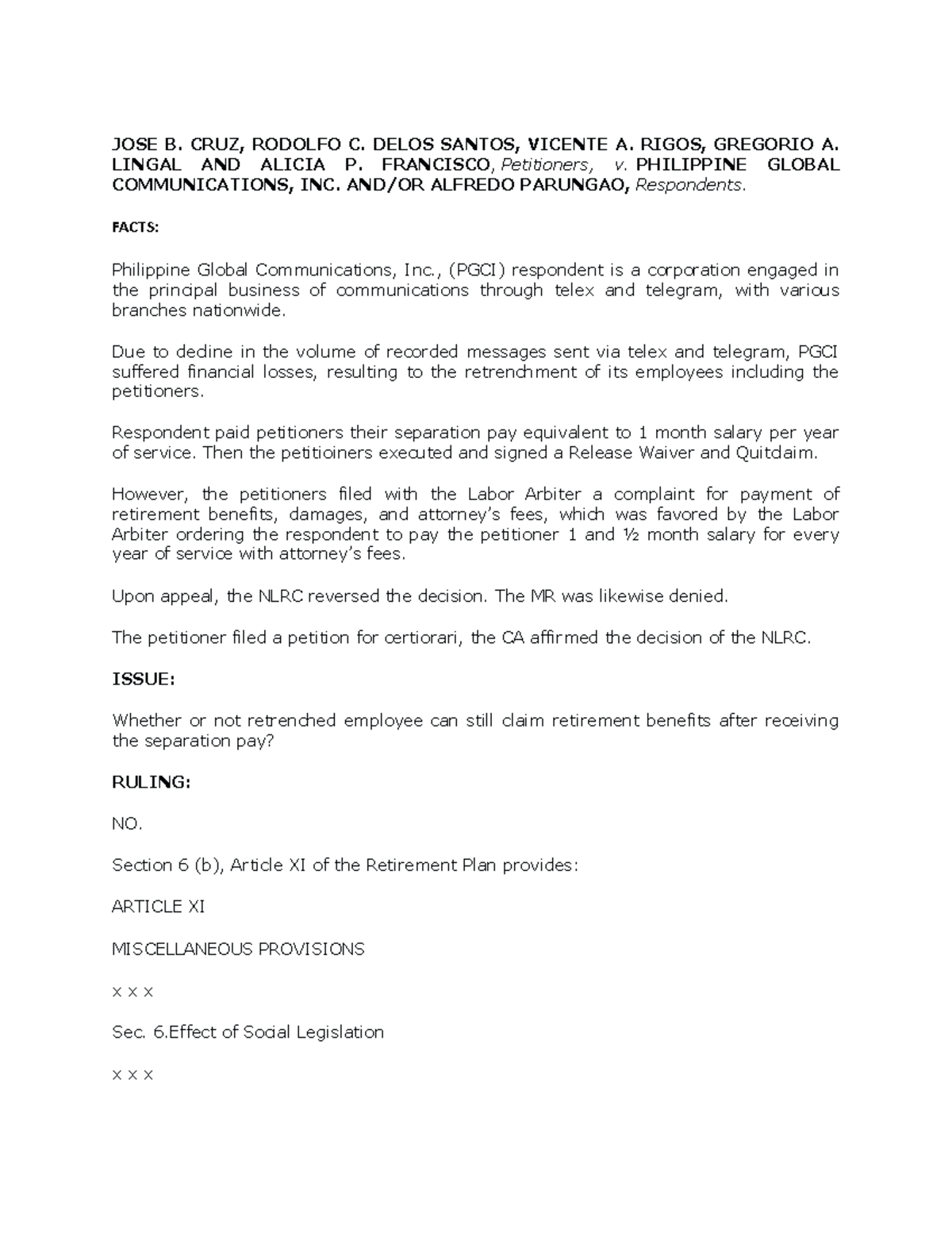 Casas Cruz vs. Philippine Global Communication Inc - JOSE B. CRUZ ...