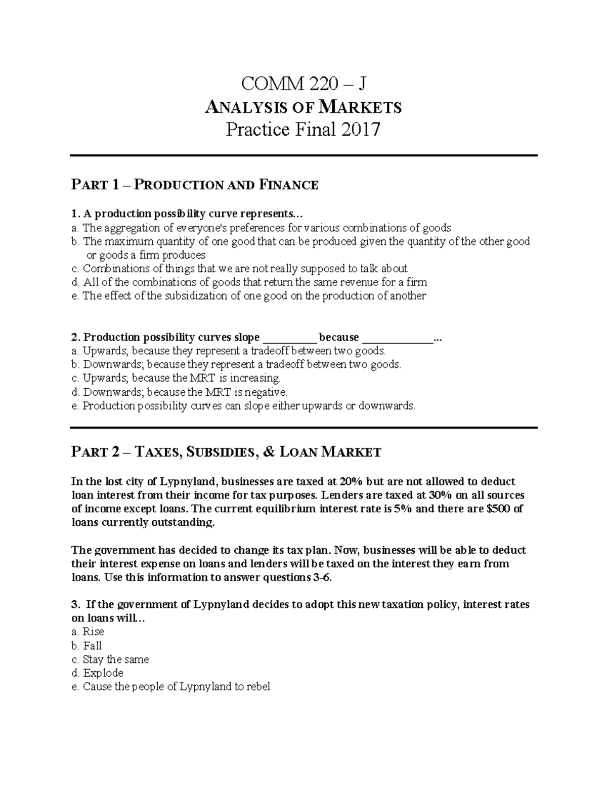 COMM220 Practice Final - COMM 220 – J ANALYSIS OF MARKETS Practice Final 2017 PART 1 ...