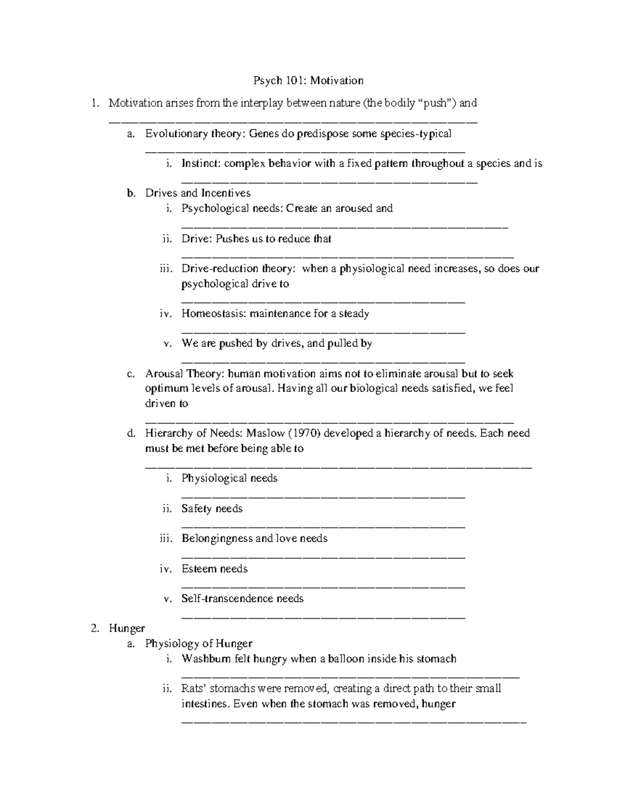 BLANK 09-30-23 Motivation Lecture Outline - Psych 101: Motivation ...