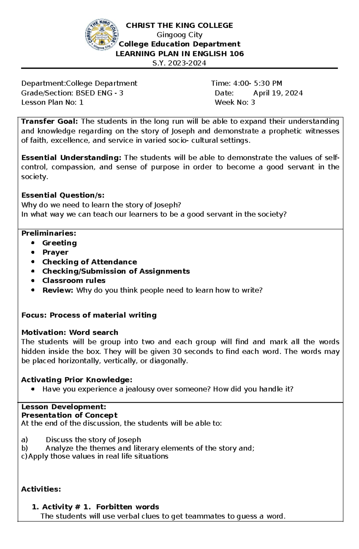 Lesson-plan-106 - comprehensive lesson plan - CHRIST THE KING COLLEGE ...