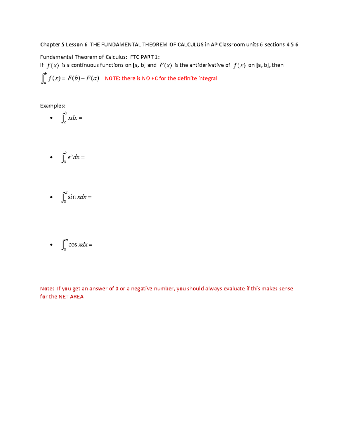 Chapter 5 lesson 6 Fundamental Theorem of Calculus AP Classroom unit 6 ...
