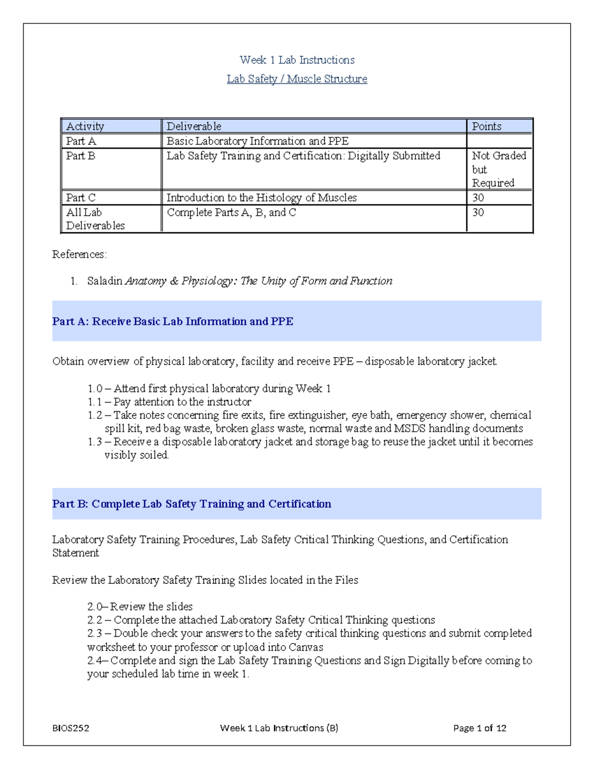 Bio 2 lab week 1 - ugu - Week 1 Lab Instructions Lab Safety / Muscle ...