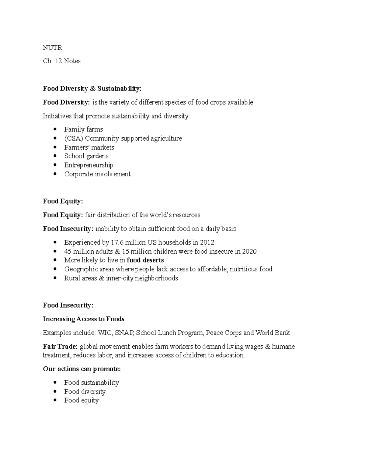 NUTR. Ch. 12 Notes - NUTR. Ch. 12 Notes Food Diversity & Sustainability ...