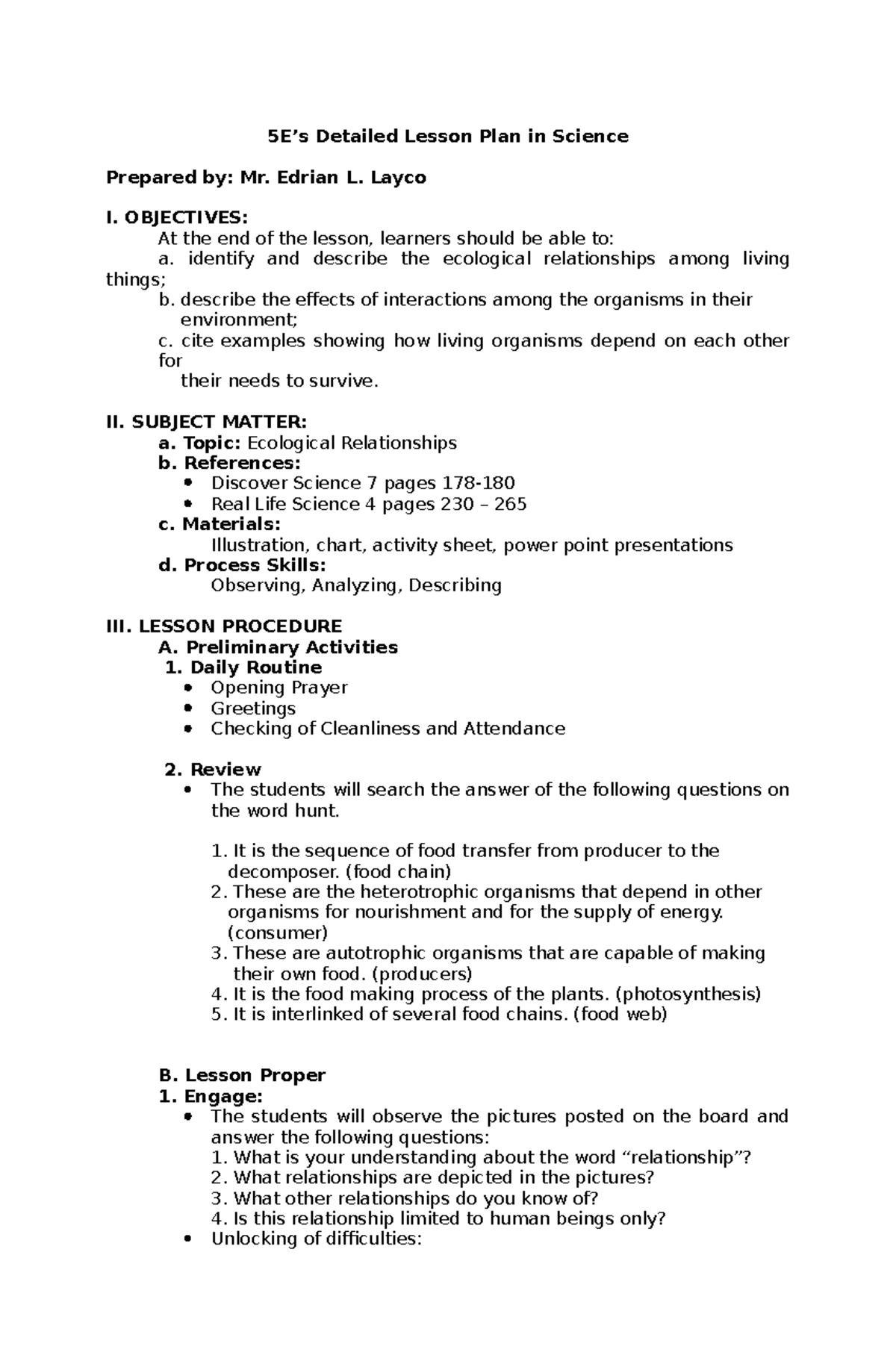 Lesson Plan about Symbiotic Relationship - 5E’s Detailed Lesson Plan in ...
