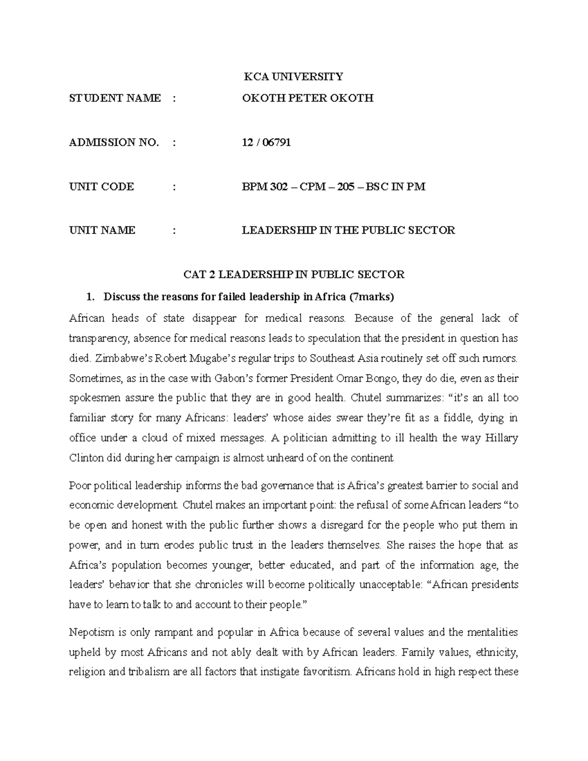 CAT 2 Leadership IN Public Sector - KCA UNIVERSITY STUDENT NAME : OKOTH ...
