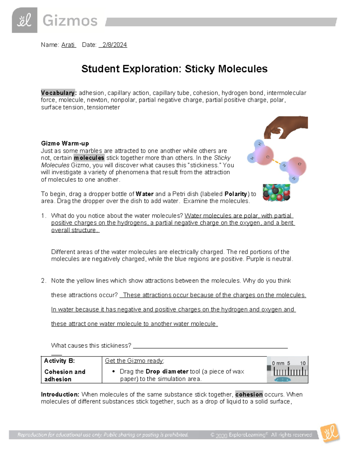 Sticky Molecules SE-Gizmos - Name: Arati Date: 2/8/ Student Exploration ...