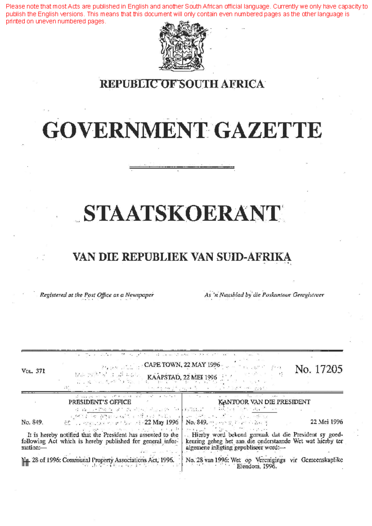 Communal Property Association Act 28 of 1996 - REPUBLIC· OF' SOUTH ...