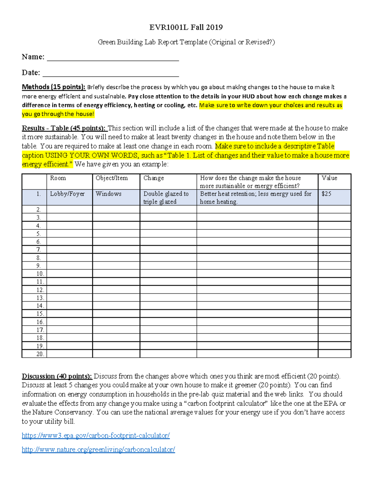 Green Building lab report template - EVR1001L Fall 2019 Green Building ...