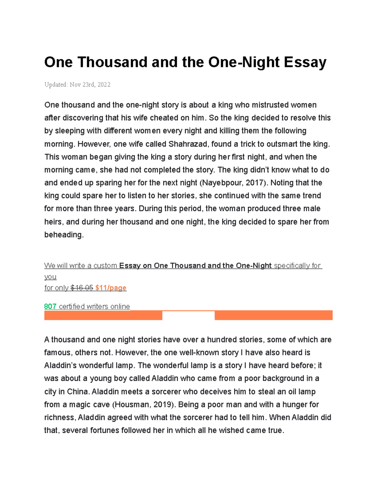 One Thousand and the One - One Thousand and the One-Night Essay Updated ...