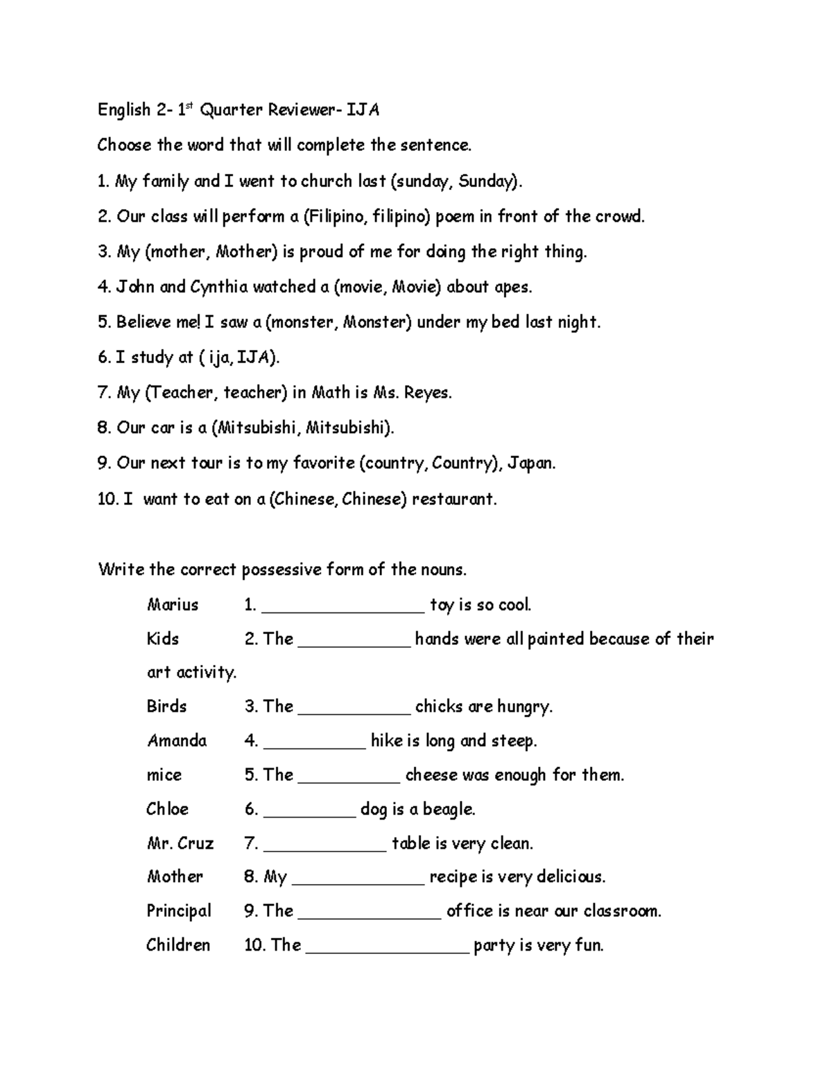 English 2 - This is a worksheet for my students in gradeschool ...