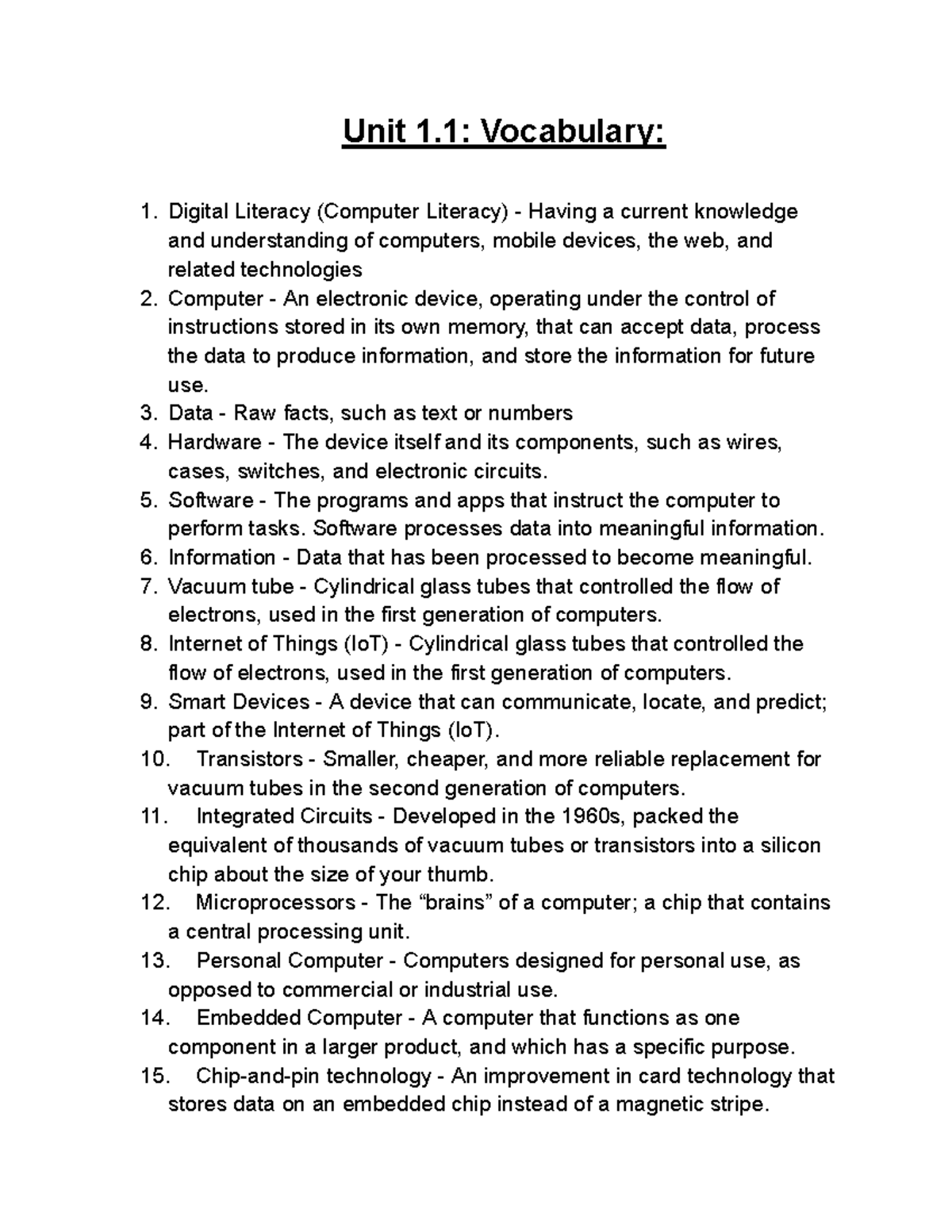 Copy of Unit 1.1 Vocabulary- Impact of Digital Technology - Unit 1 ...