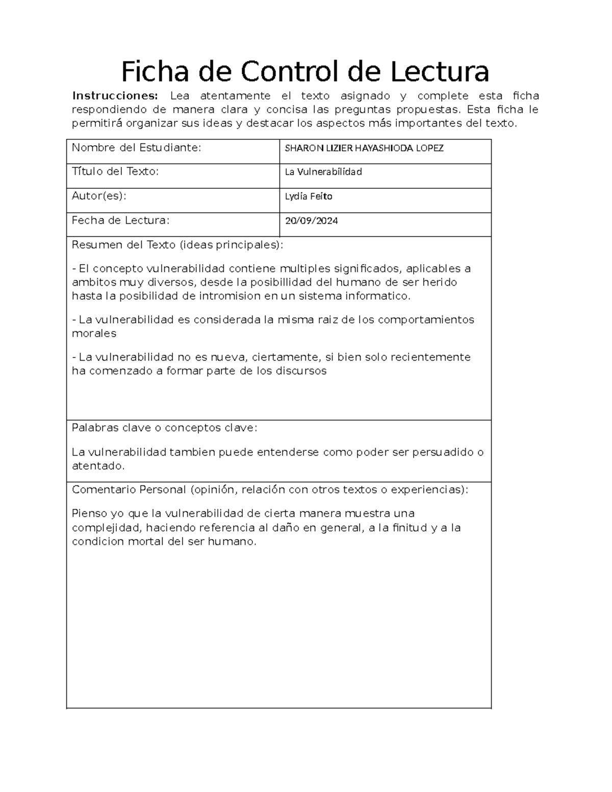 Ficha de Control de Lectura - Ficha de Control de Lectura Instrucciones ...