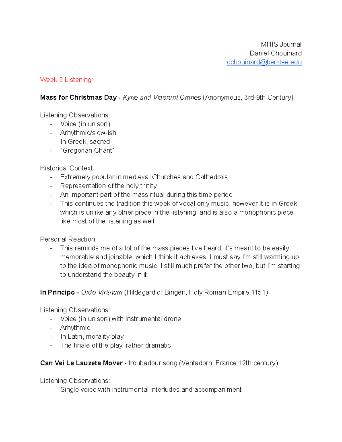 Listening Journal #1 - MHIS Journal Daniel Chouinard dchouinard@berklee ...