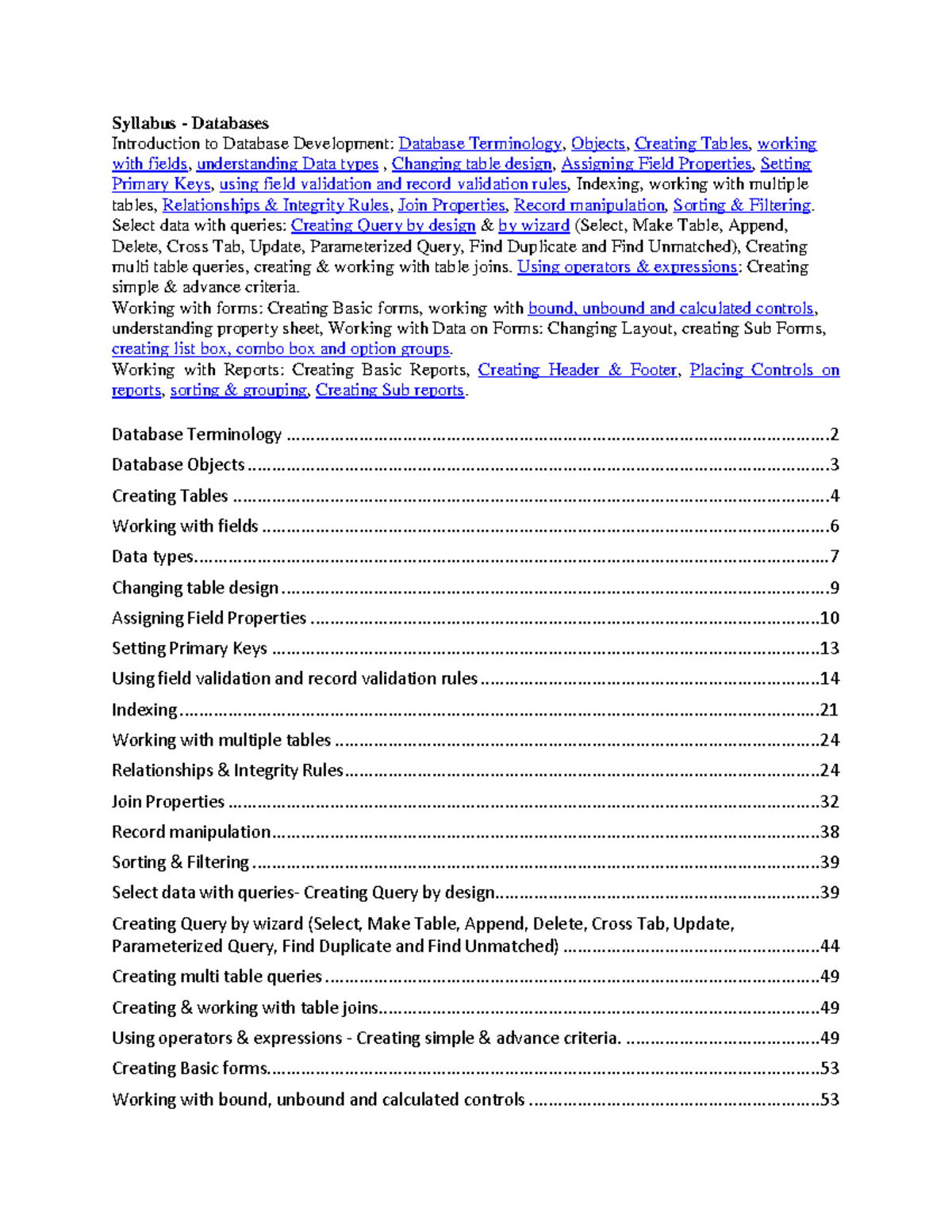 IT Tools Access Theory - Syllabus - Databases Introduction to Database ...