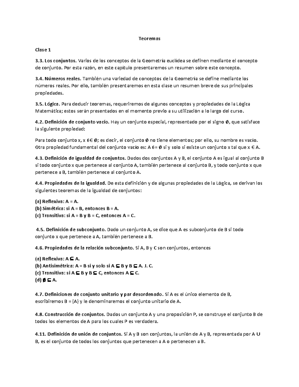 Clase nº1 - Notas - Teoremas Clase 1 Los conjuntos. Varios de los conceptos de la Geometría ...