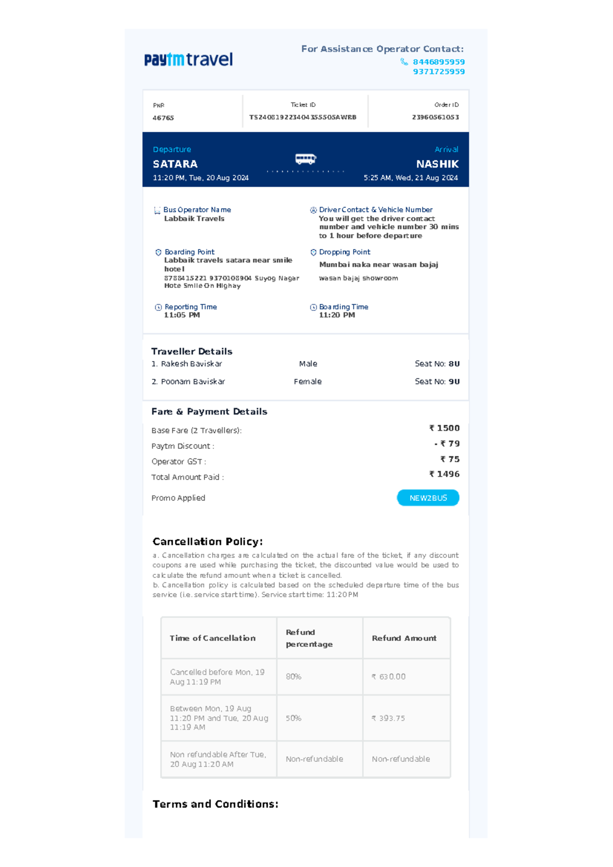 Paytm Bus e Ticket - PNR 46765 Order ID 23960561053 For Assistance ...