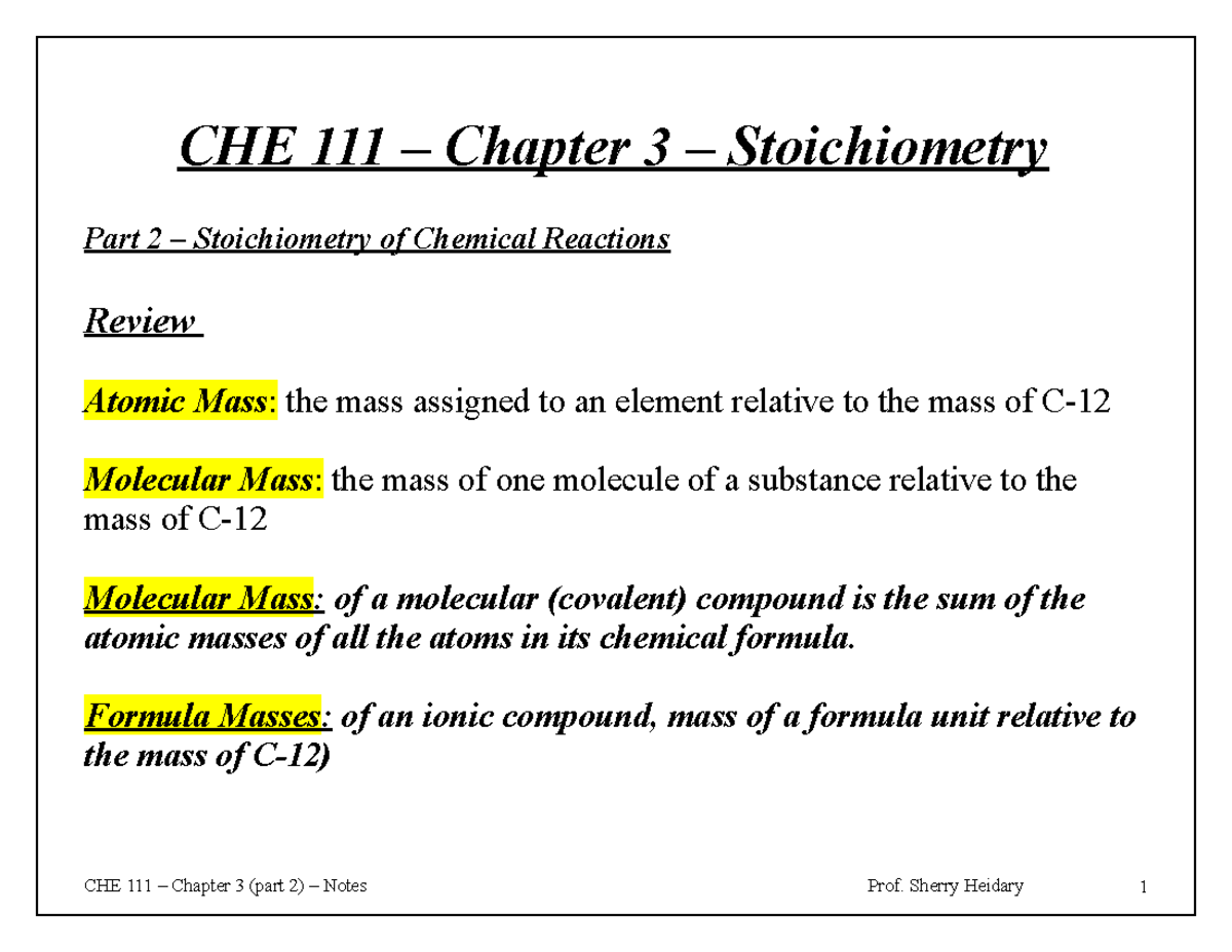 CHE Chapter 3 Stoichiometry Part 2 Review - Studocu