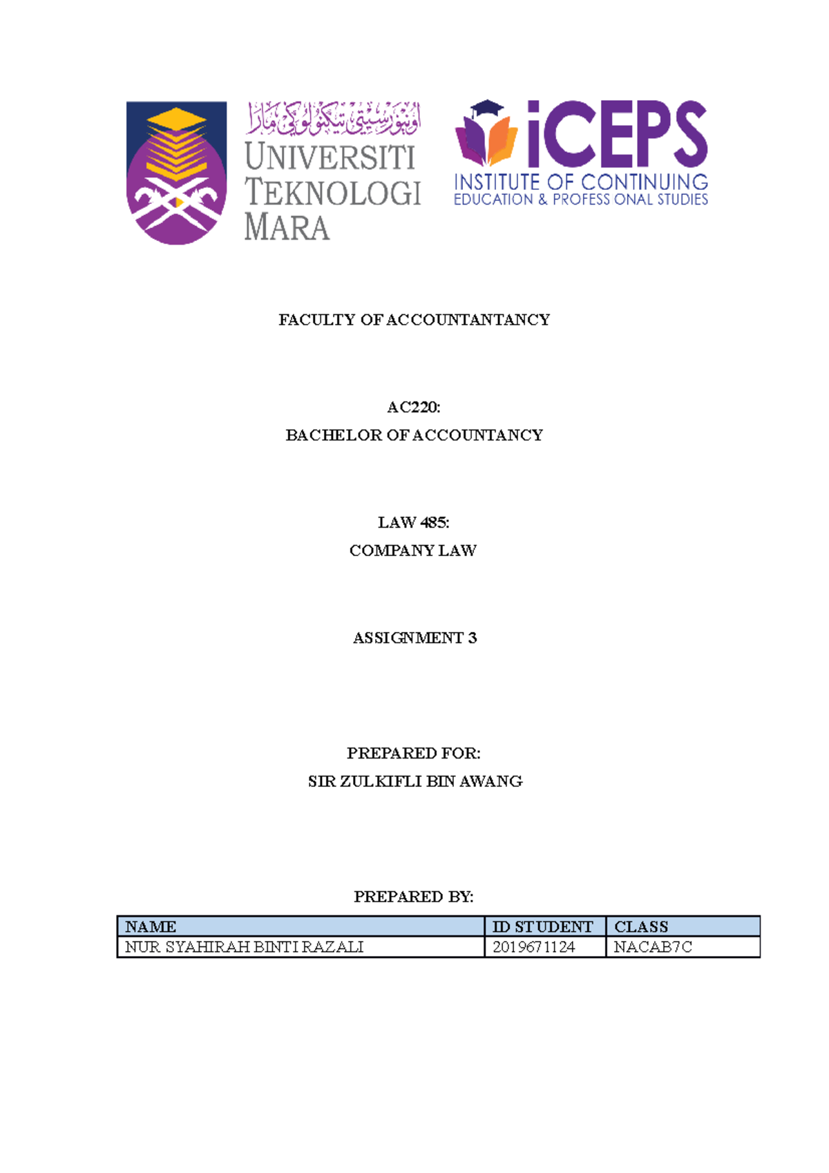 Assignment 3 LAW485 - practical - FACULTY OF ACCOUNTANTANCY AC220: BACHELOR OF ACCOUNTANCY LAW ...