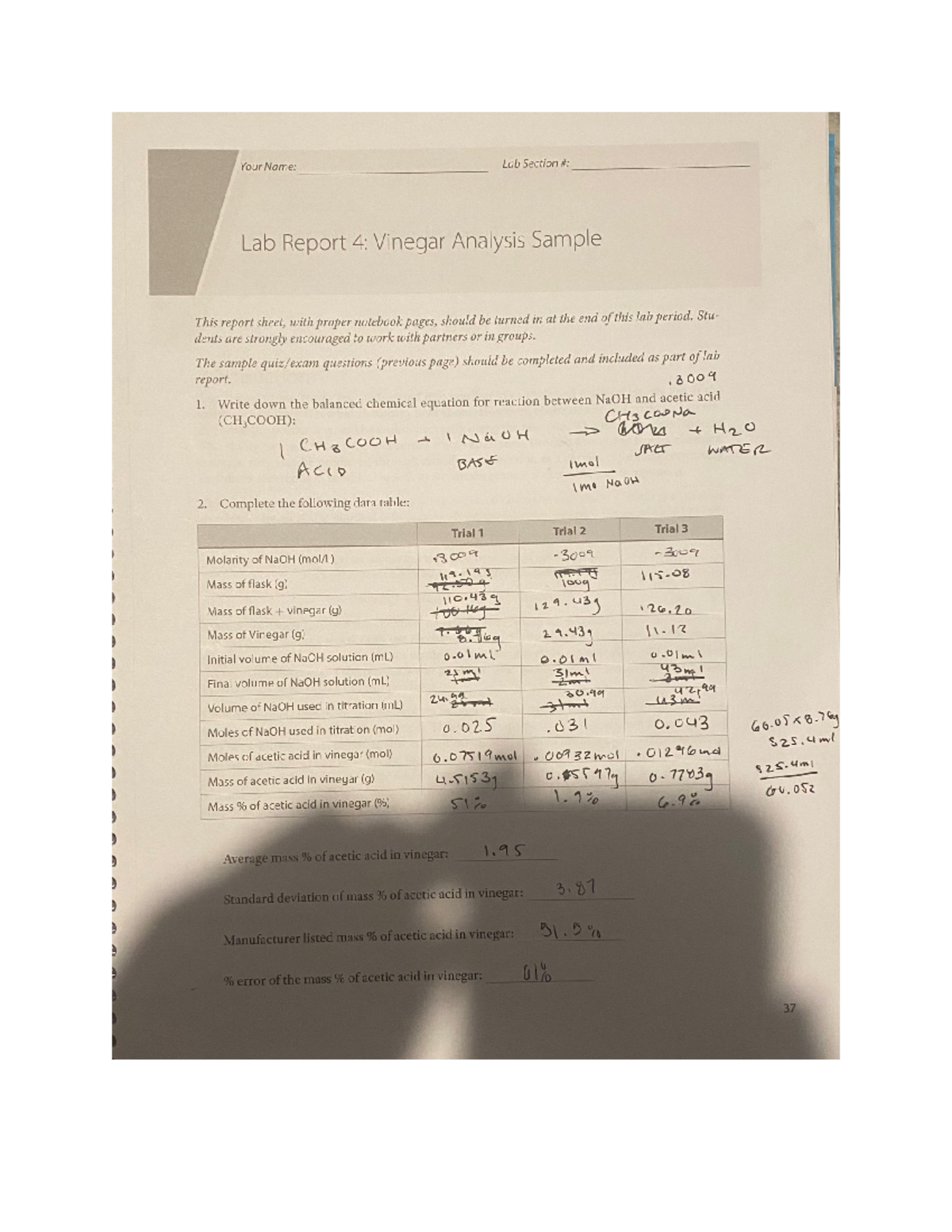 Expt. 3 vingear analysis lab - Chem-C125 - Studocu