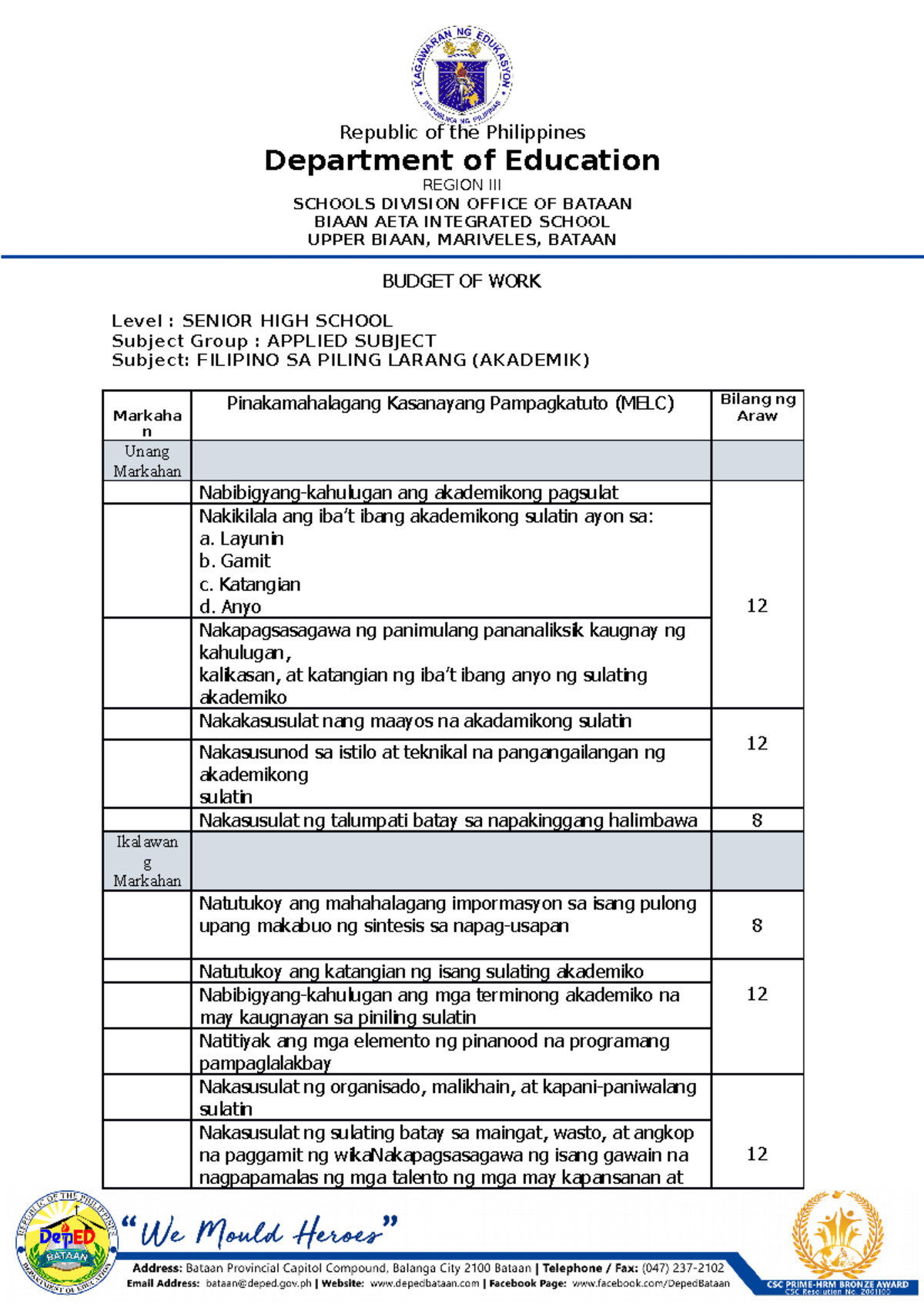 Larang - Budget of work - Republic of the Philippines Department of ...