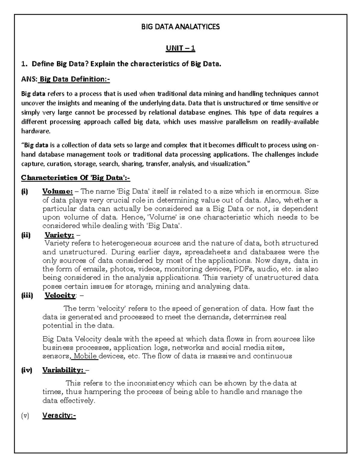BDA Material - ES,BDA,AI,CSDF 4th year - UNIT – 1 1. Define Big Data? Explain the ...