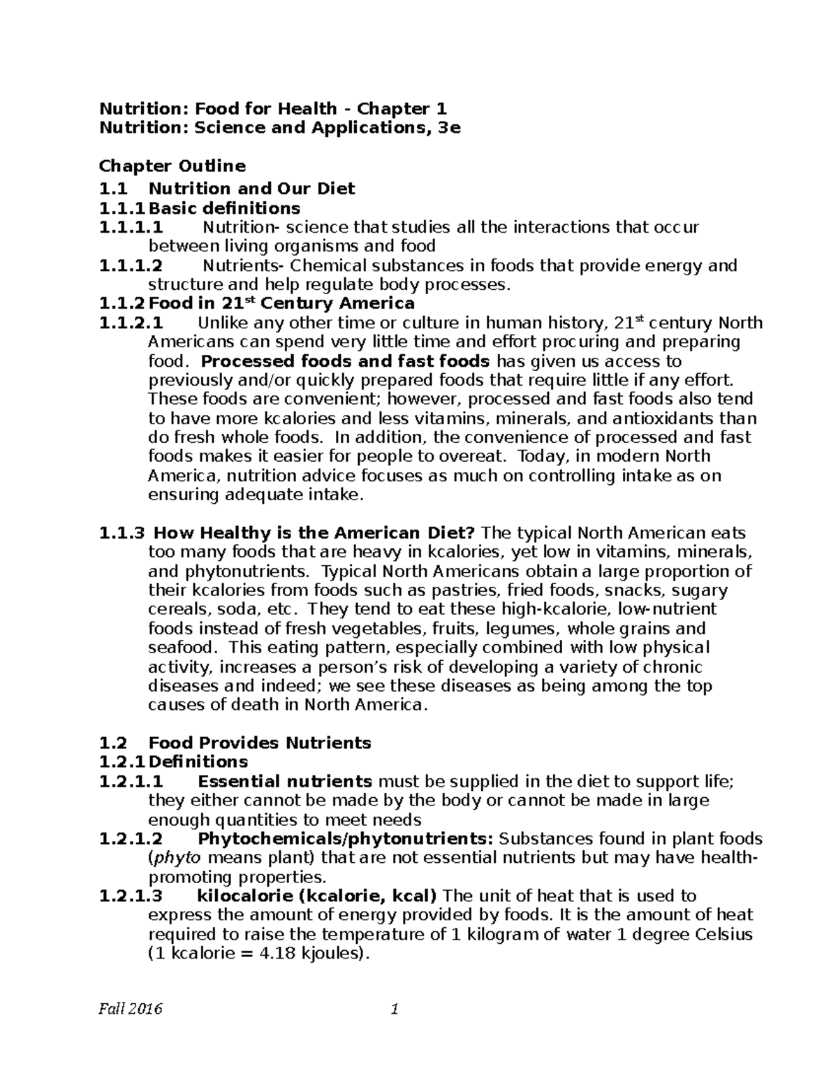 Ch 1 lecture notes/outline - Nutrition: Food for Health - Chapter 1 ...