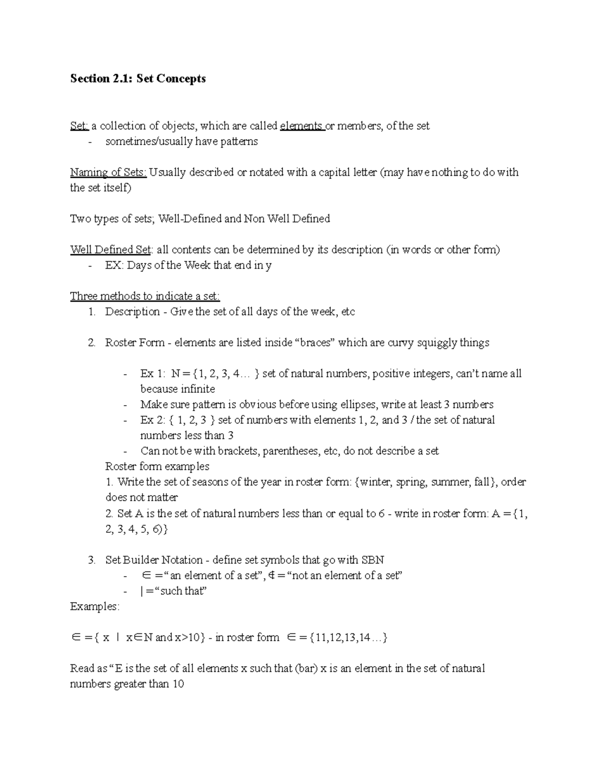 Section 2.1: Set Concepts - Section 2: Set Concepts Set: a collection of objects, which are ...