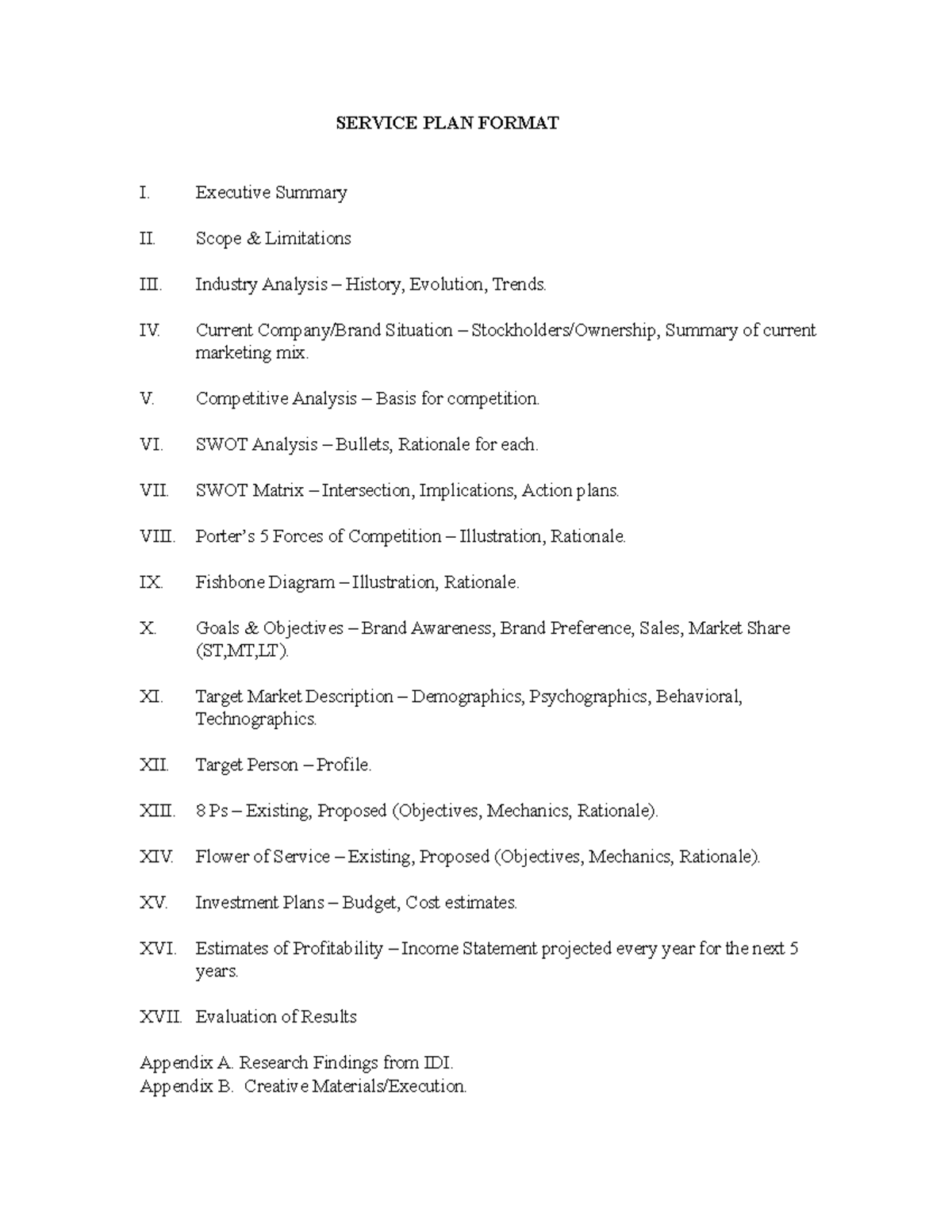 Service PLAN Format - SERVICE PLAN FORMAT I. Executive Summary II ...