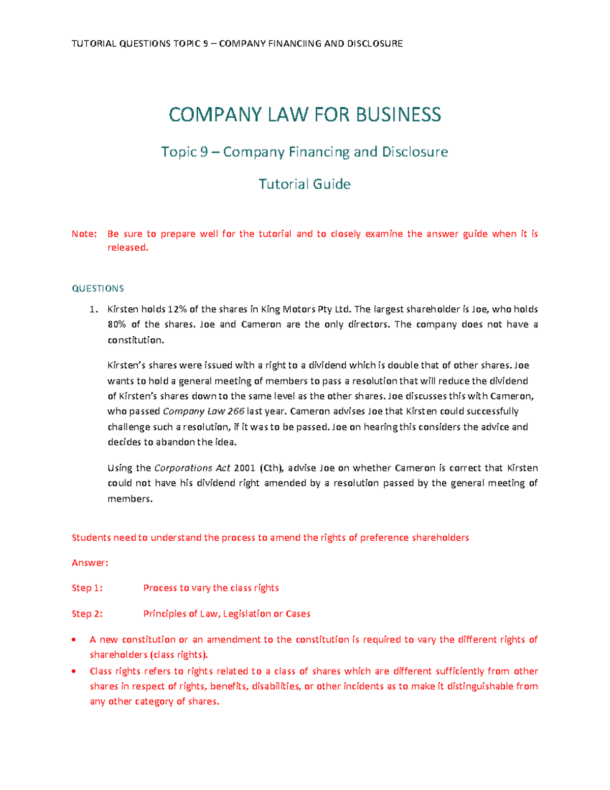 Topic 9 - Financing and Disclosure - Tutorial Guide - COMPANY LAW FOR ...