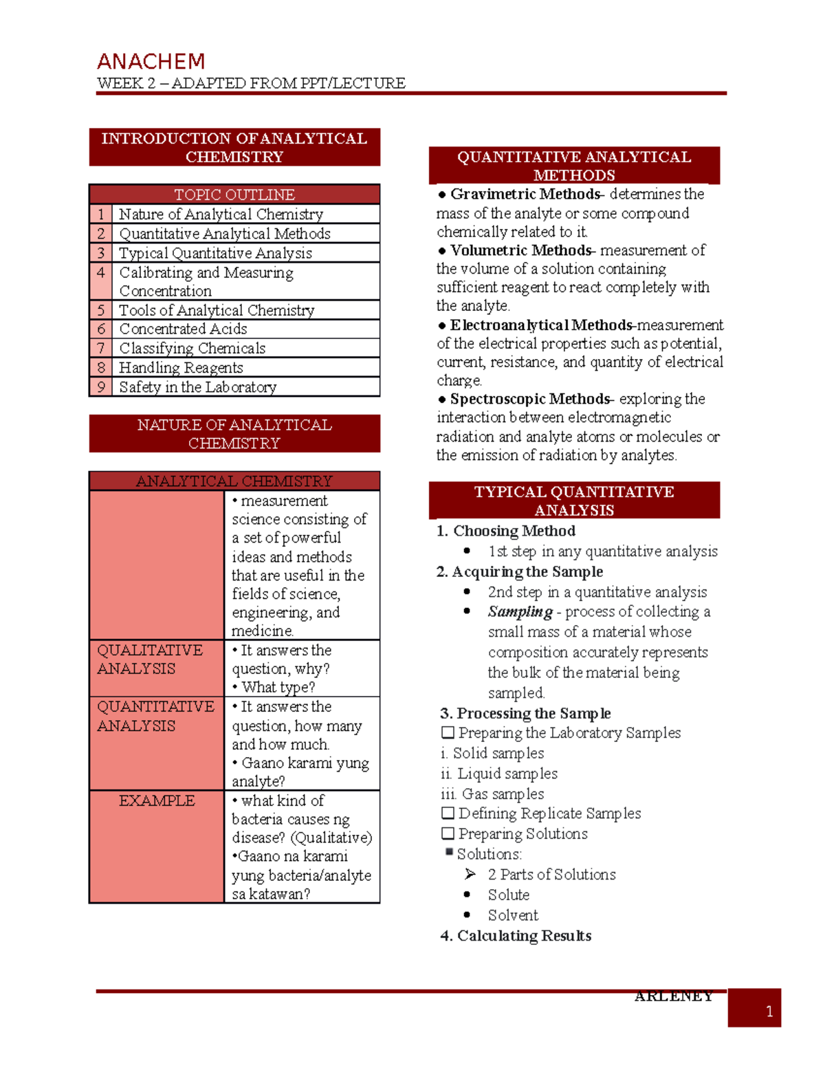 Intro TO Anachem 1 - ARLENEY WEEK 2 – ADAPTED FROM PPT/LECTURE ...