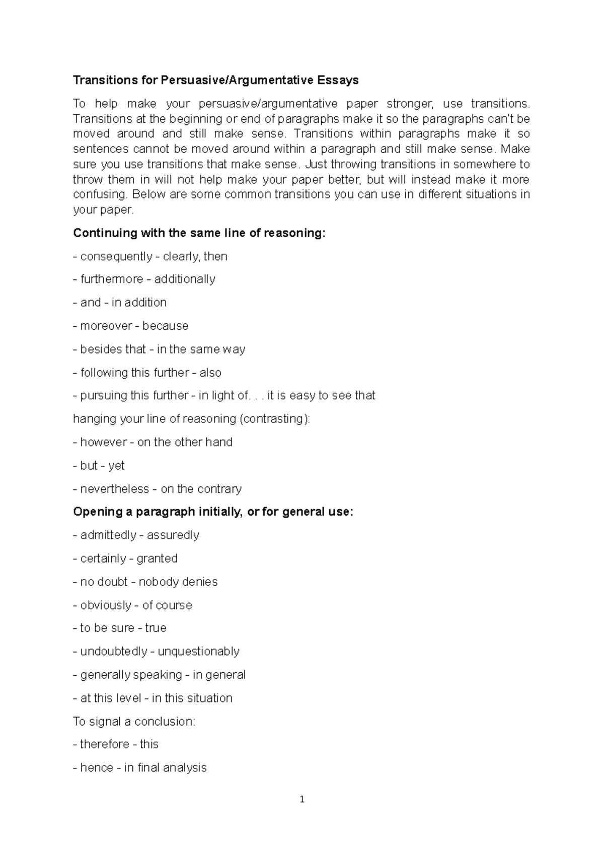 Transition signals 2020 - Transitions for Persuasive/Argumentative ...