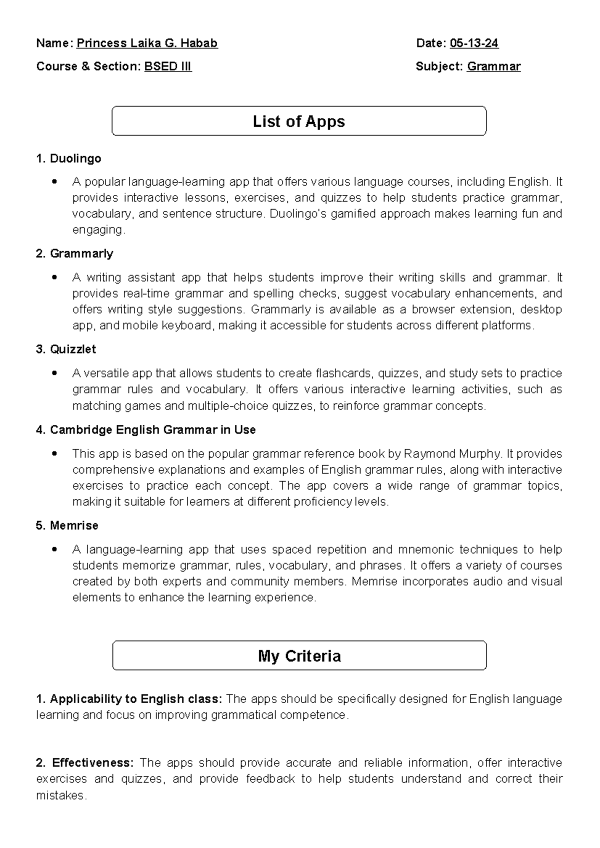 A4 Habab, TASK 1 Grammar - Name: Princess Laika G. Habab Date: 05-13 ...