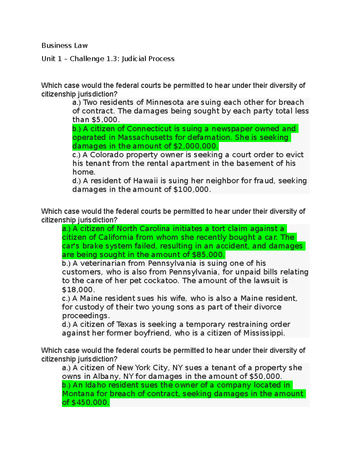 Business Law Unit 1 Challenge 1.3 Judicial Process - Business Law Unit ...
