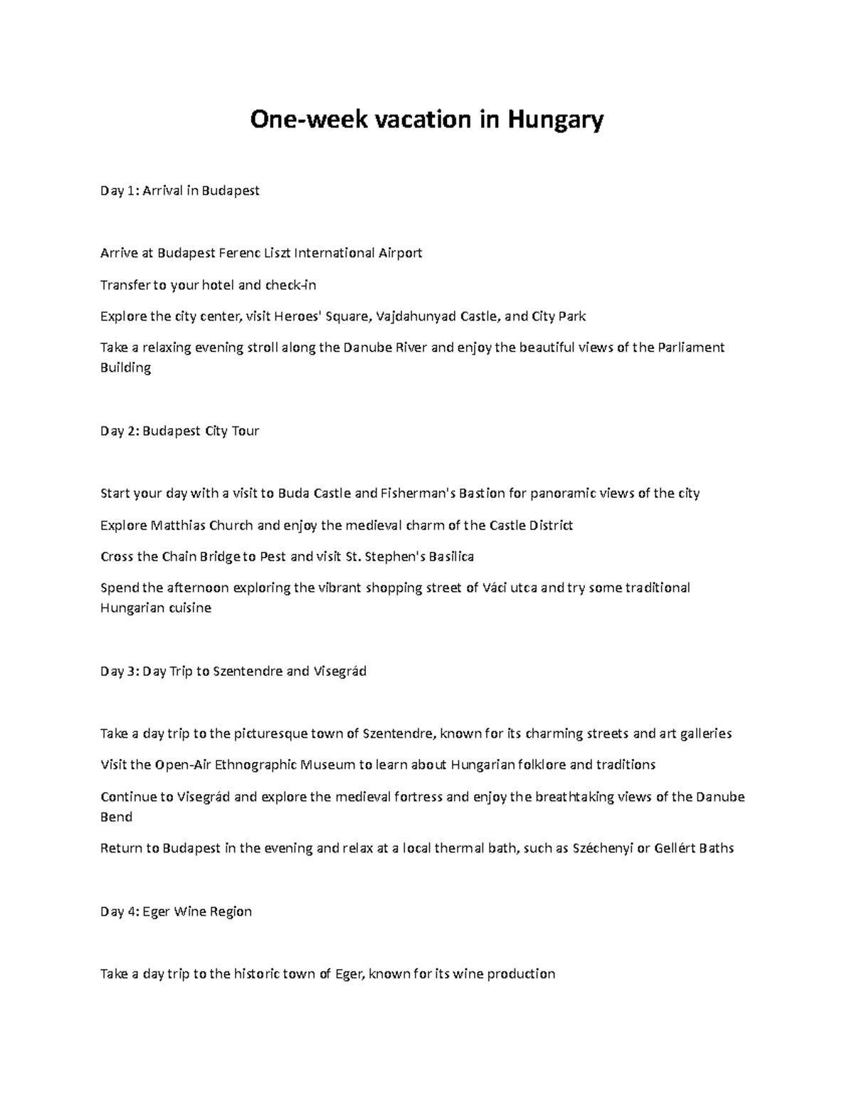 Schedule for One Week Vacation in Hungary - One-week vacation in ...