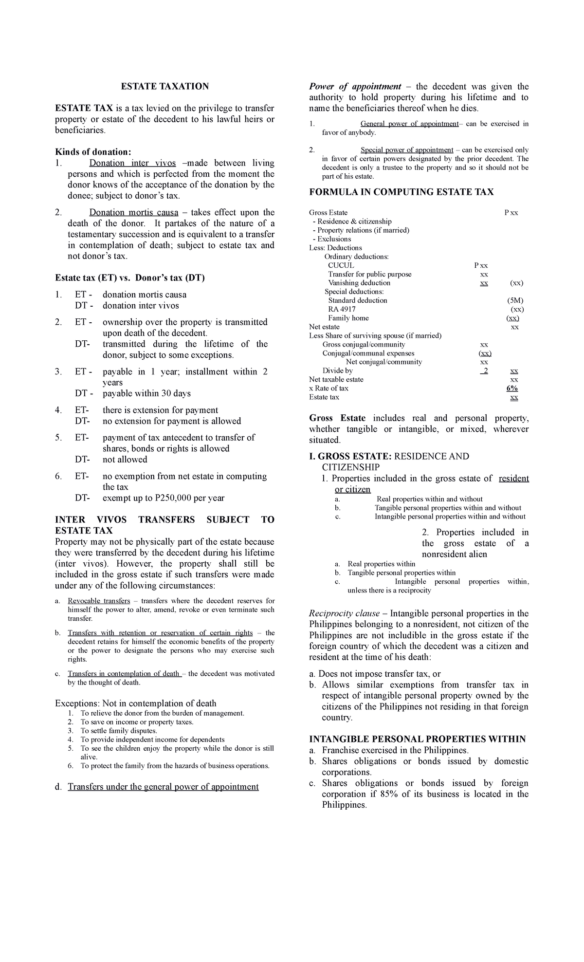 Estate tax notes - ESTATE TAXATION ESTATE TAX is a tax levied on the ...