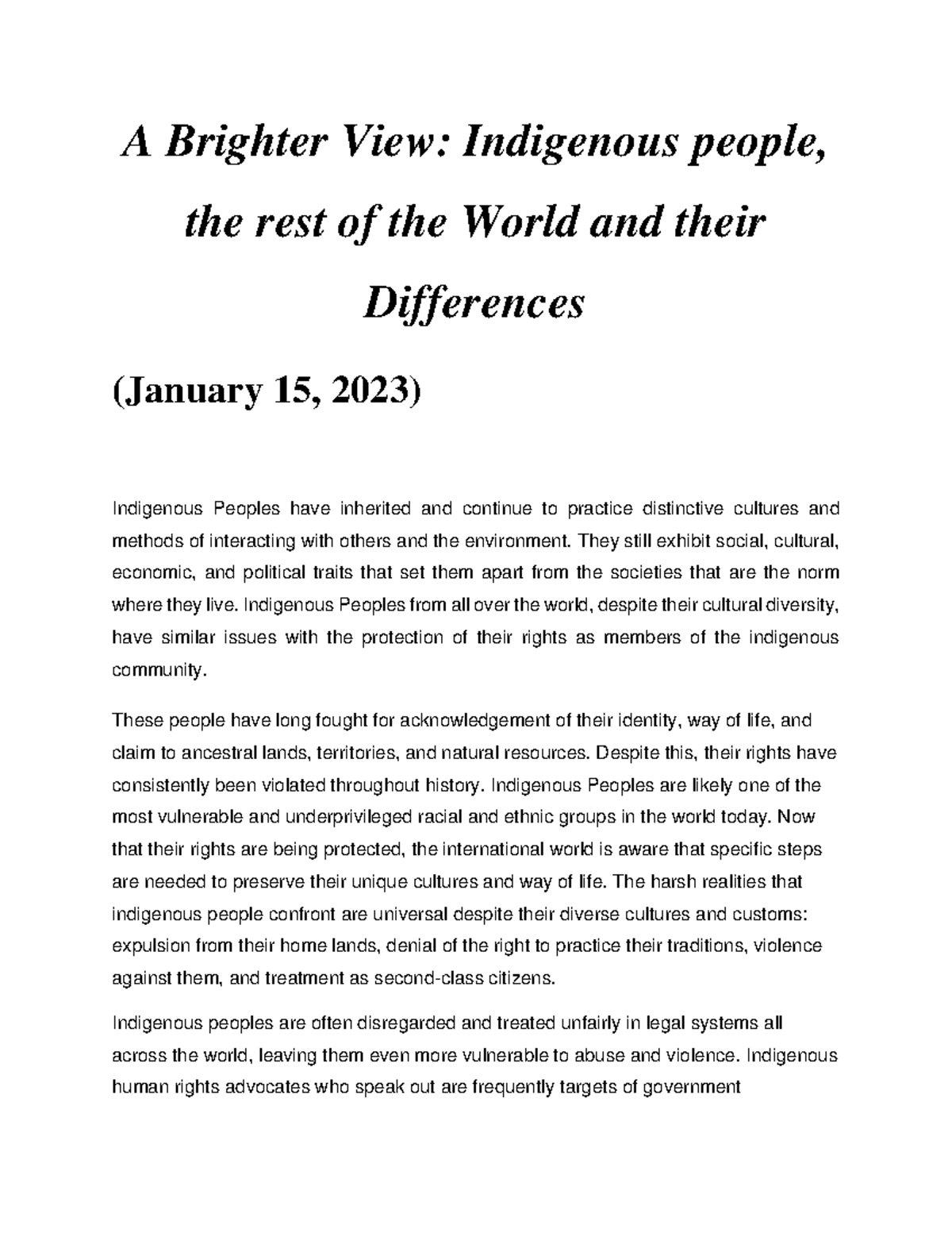 PIC Final Paper - A Brighter View: Indigenous people, the rest of the ...