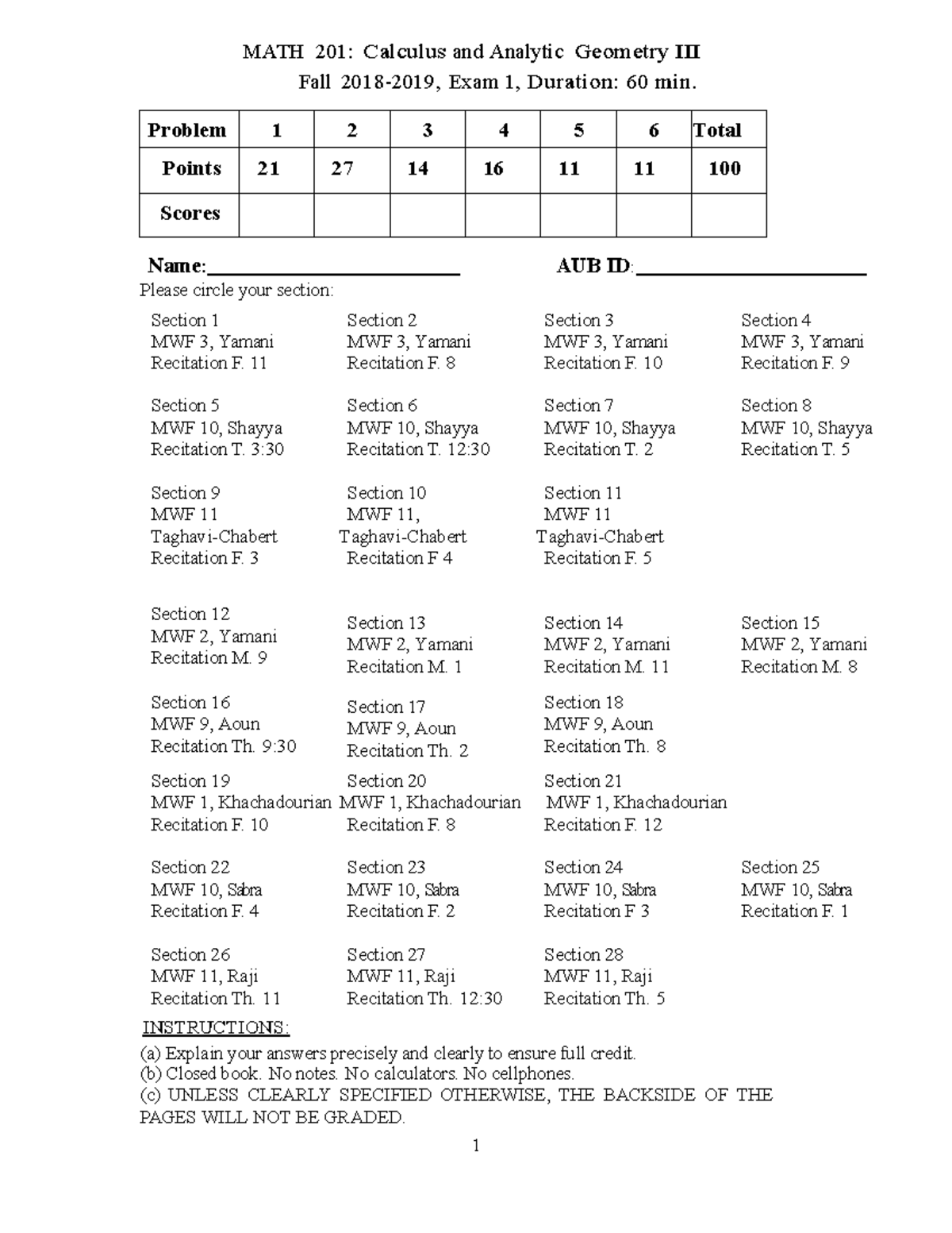 Quiz1 Fall 2018 - prev - ####### MATH 201: Calculus and Analytic ...