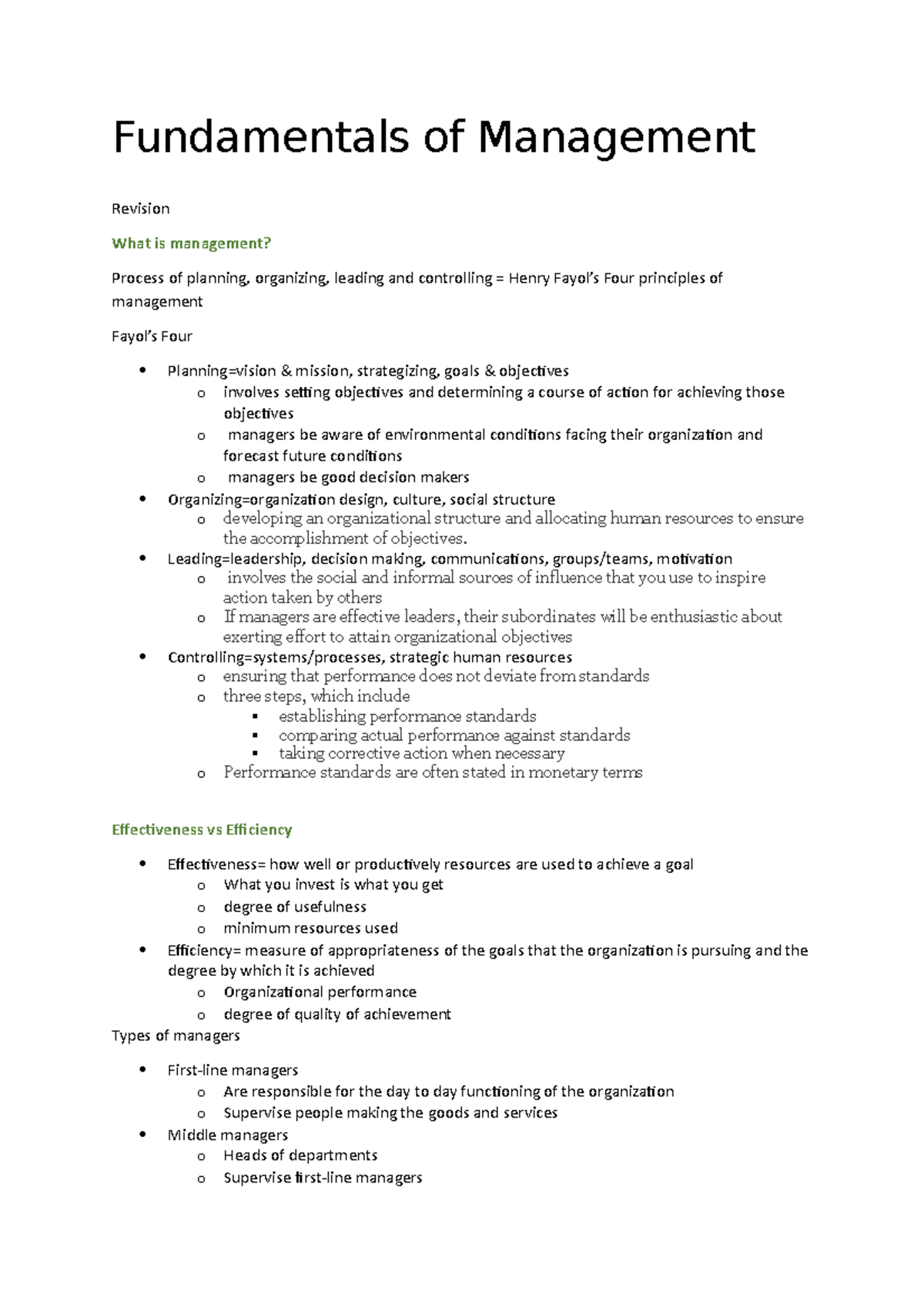 Management Notes - Fundamentals of Management Revision What is ...