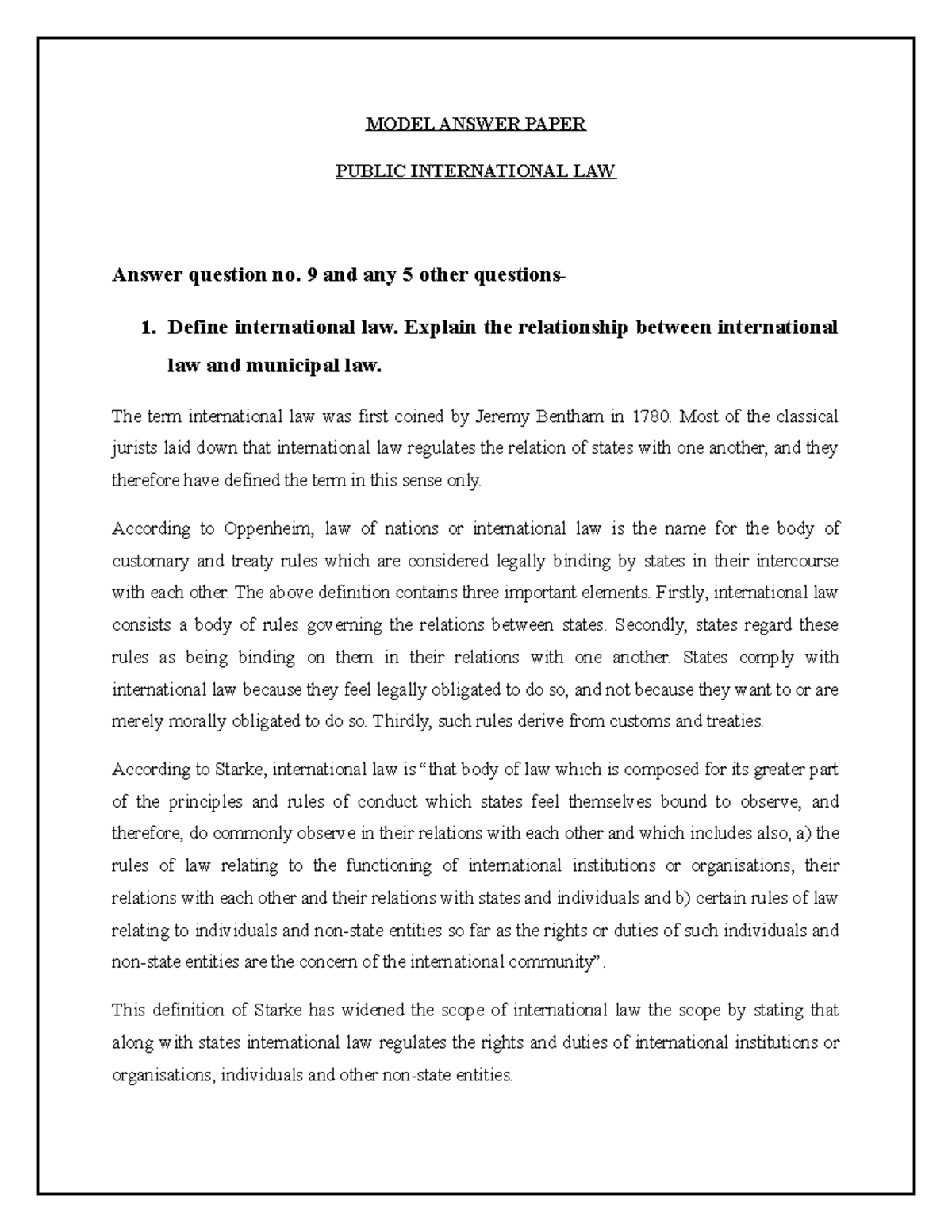 PIL - Model paper - MODEL ANSWER PAPER PUBLIC INTERNATIONAL LAW Answer ...