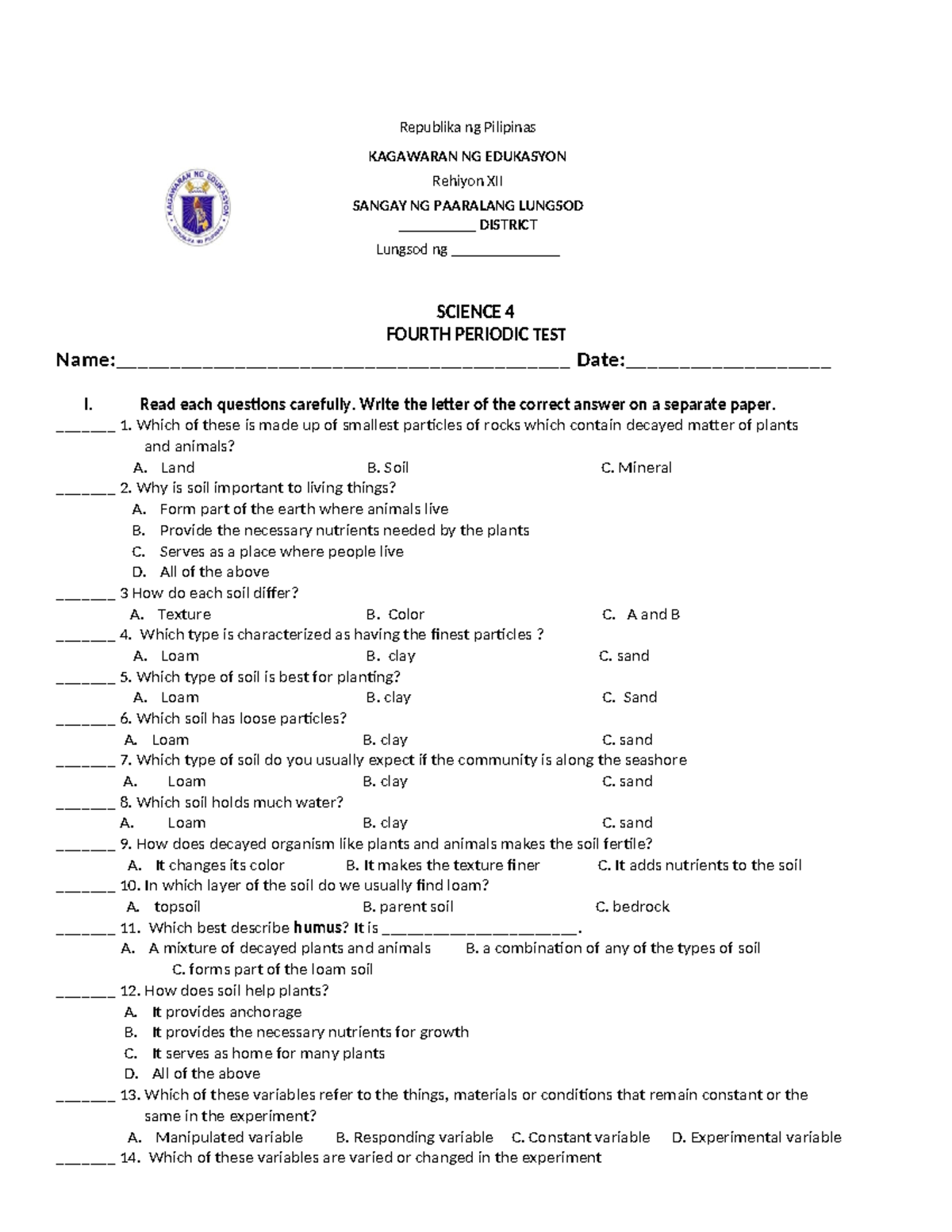 QA PT Science 4 - Q4 V2 - Sample test - Republika ng Pilipinas ...