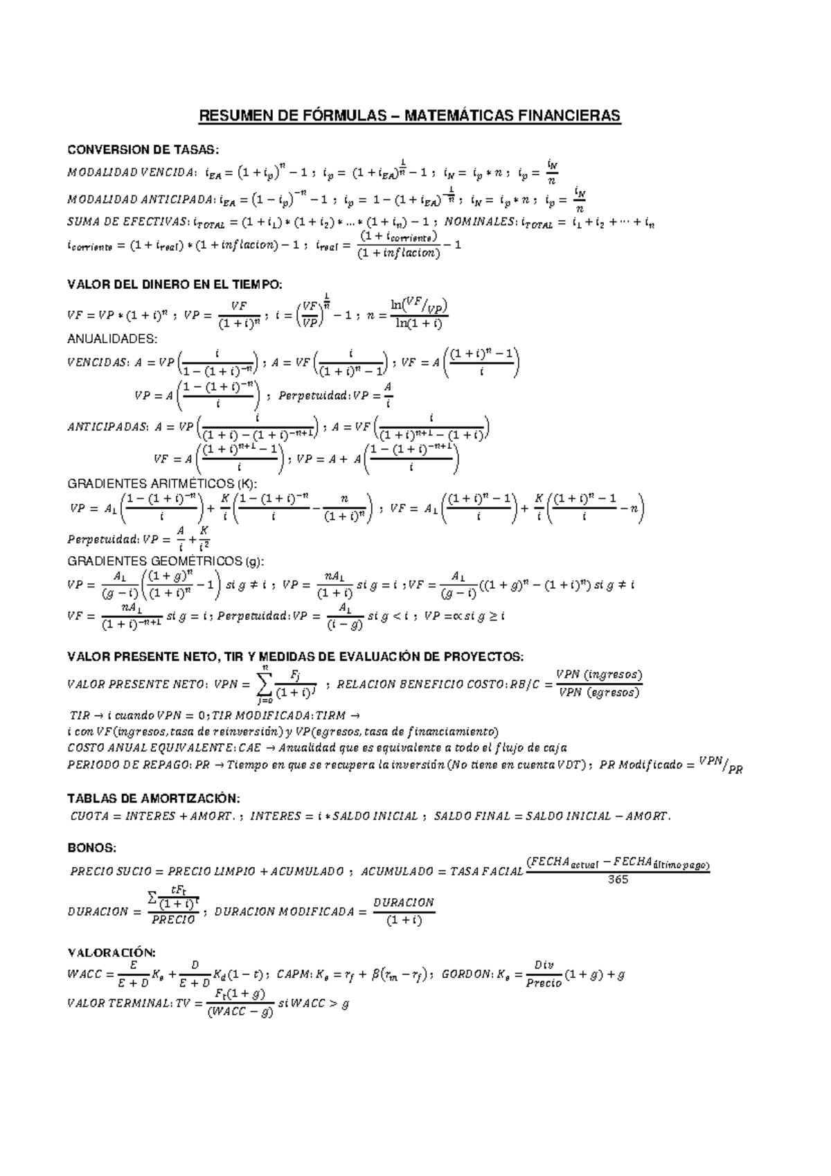 Formulas de Matematicas Financieras - RESUMEN DE FÓRMULAS – MATEMÁTICAS ...