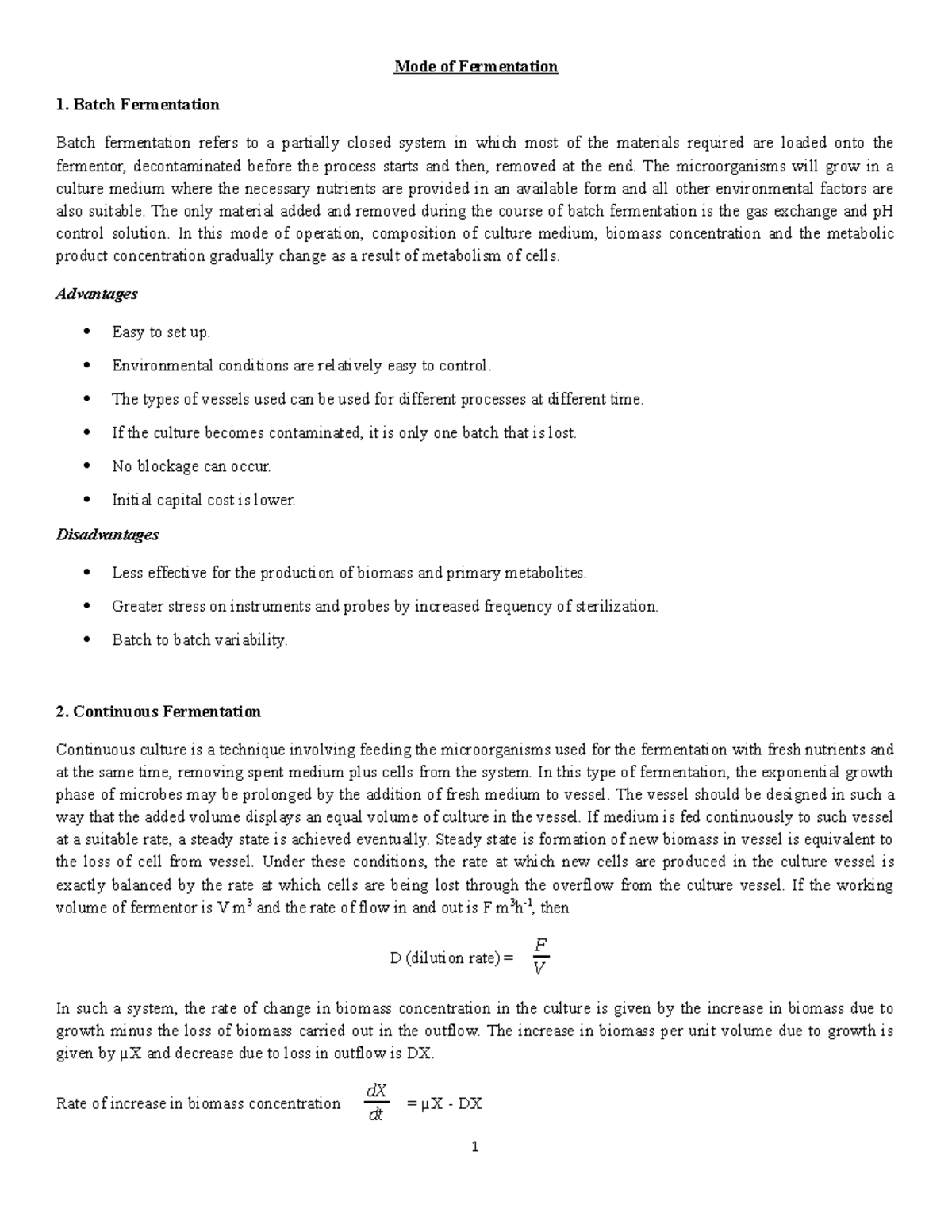 Mode of fermentation - Lecture notes 1 - Mode of Fermentation 1. Batch ...